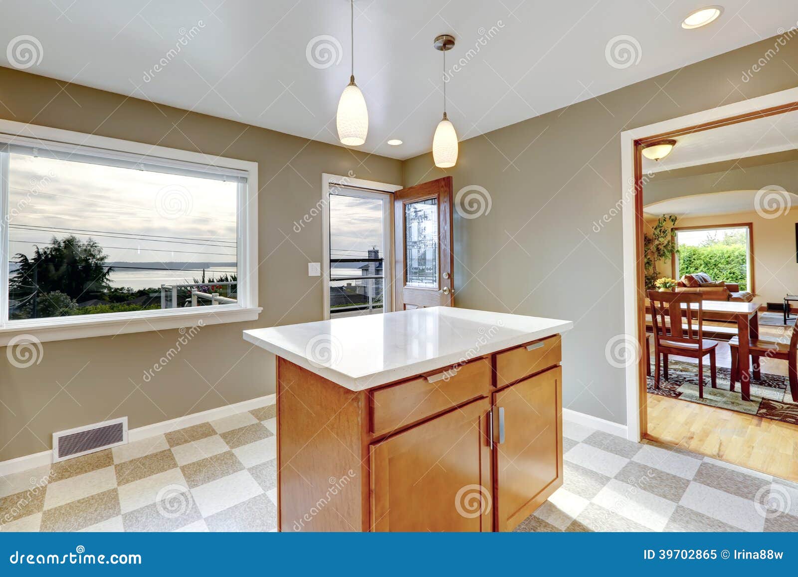 View of Kitchen Island and Open Door Stock Image - Image of inside ...