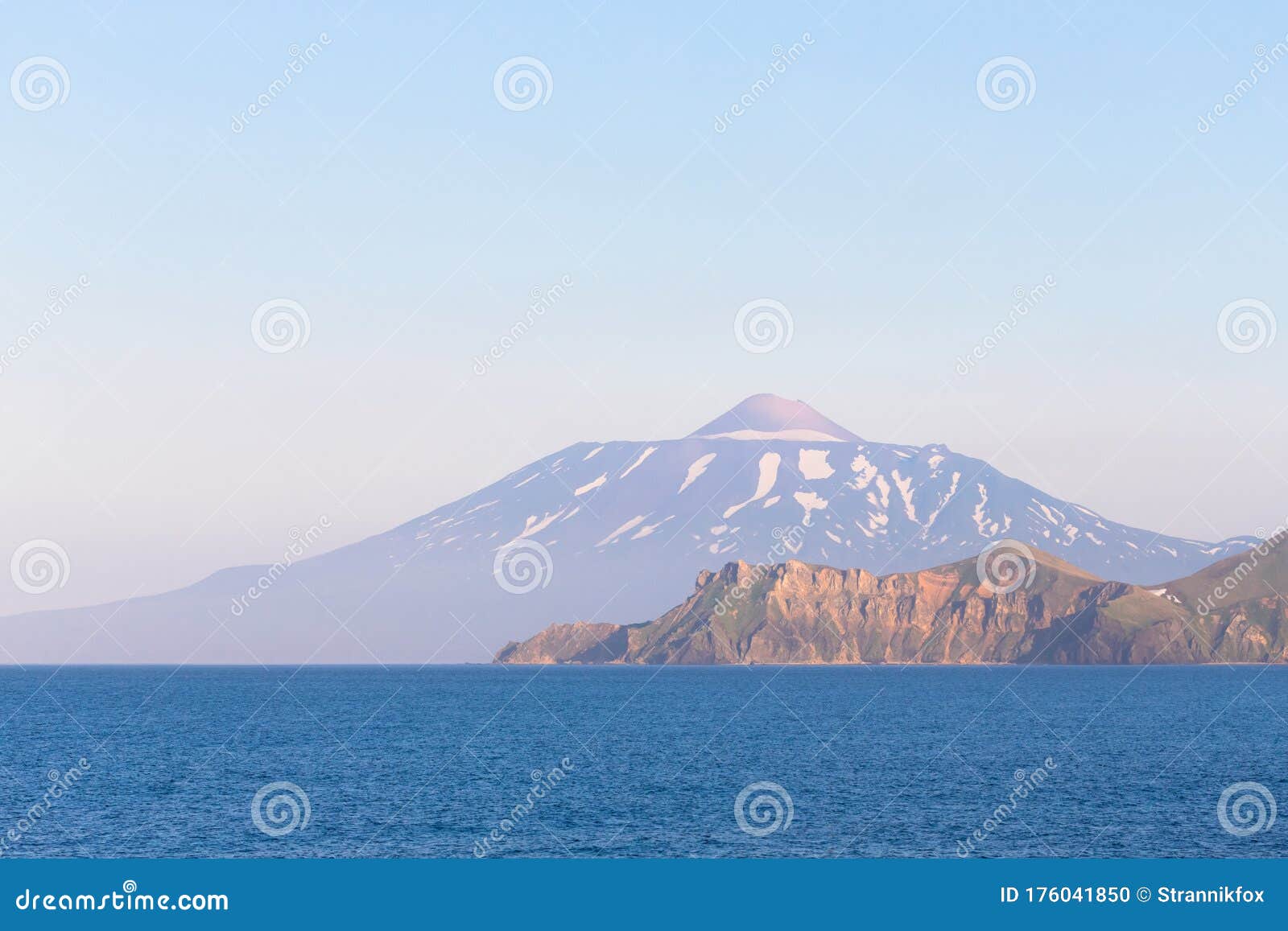 View on a Kunashir Island with Volcano Tyatya from the Sea. Stock Photo ...
