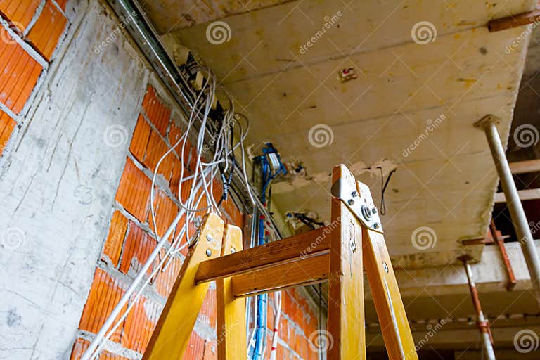 View on Ladder and Cable Tray with Bundle of Cables between Floors in ...