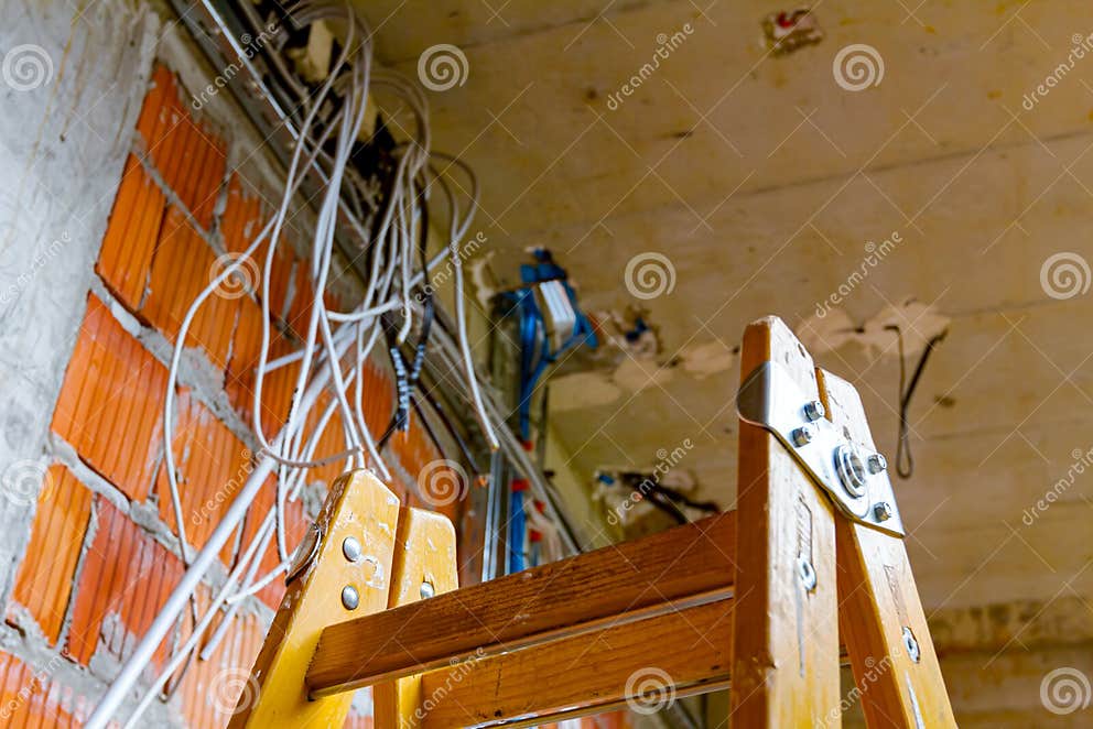 View on Ladder and Cable Tray with Bundle of Cables between Floors in ...