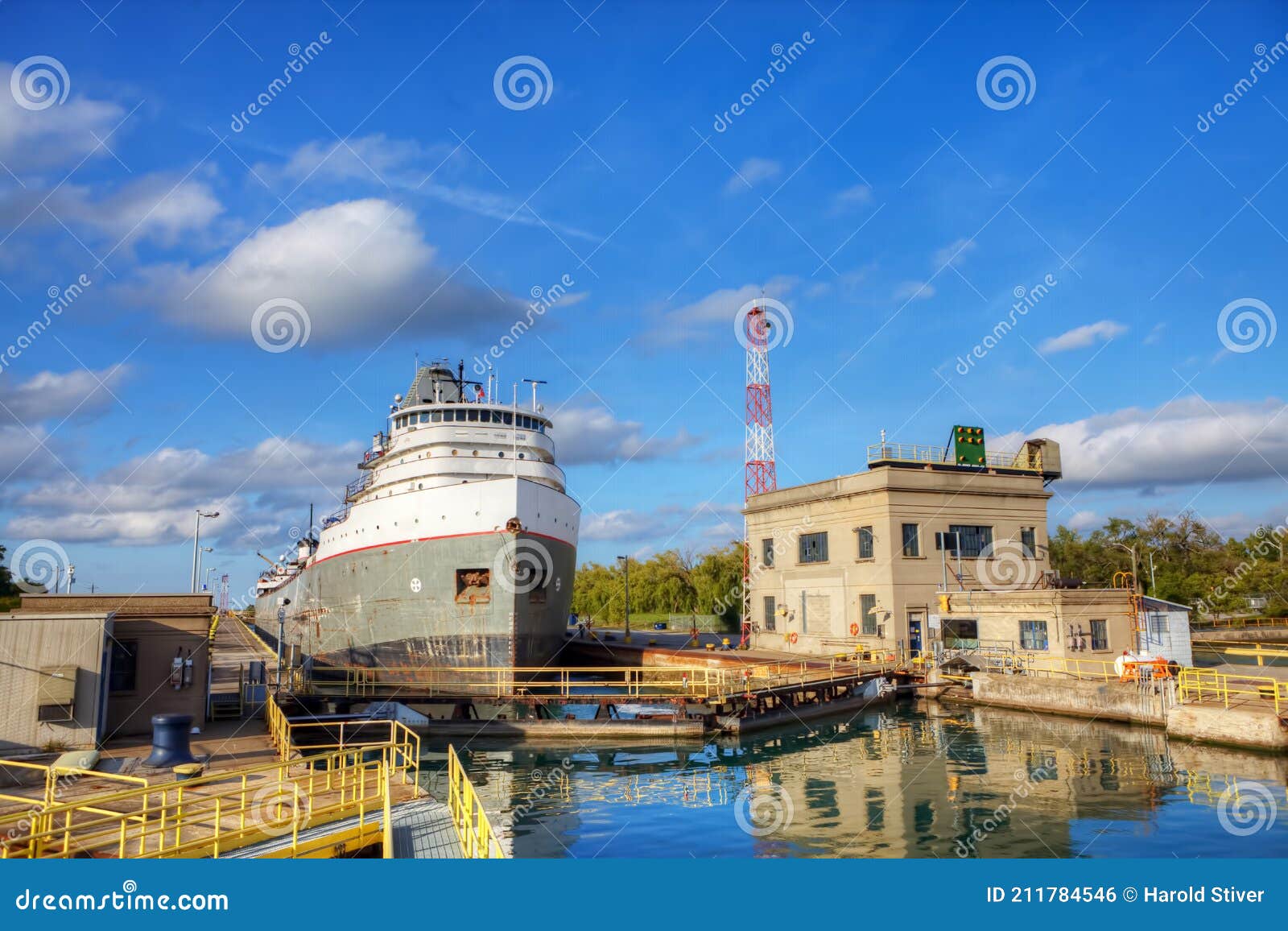 View of Lake Freighter Moving through the Welland Canal in Canada Stock ...
