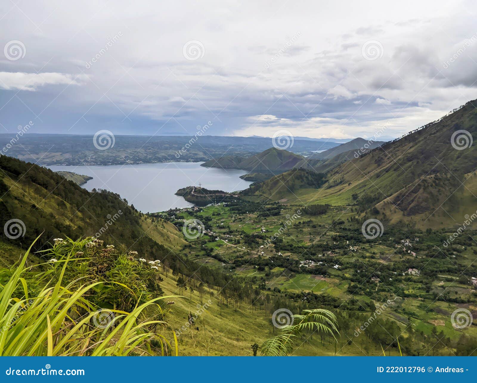 View of the Lake, Mountains and Valleys from the Peak of Tele, Samosir ...