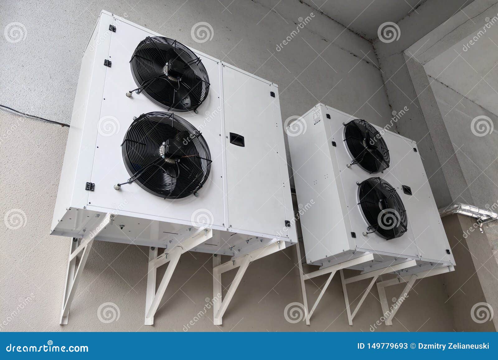 View of Large Air Conditioners Mounted on the Wall of the Building. Air ...