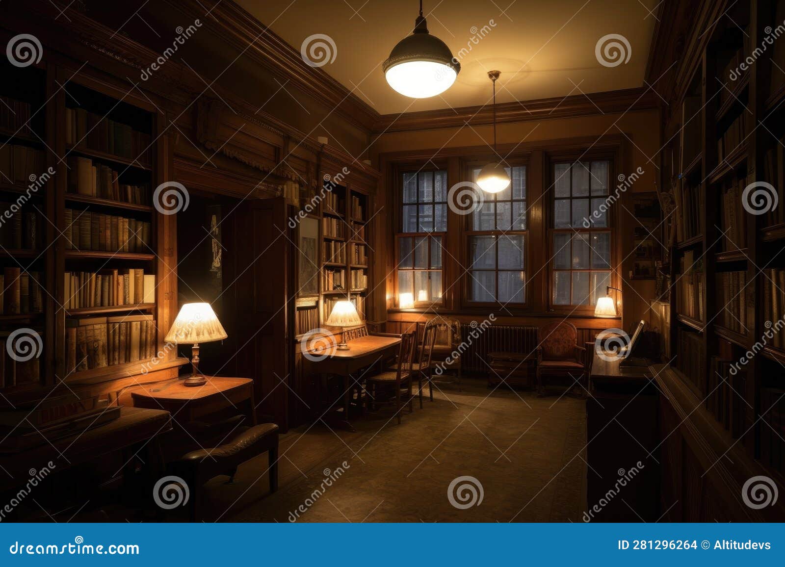 View of Library, with Bookshelves and Lamps Casting Warm Light on the ...