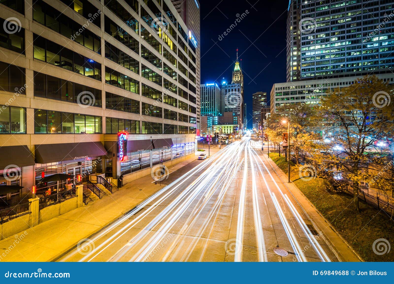 View of Light Street at Night, in the Inner Harbor, Baltimore, M ...