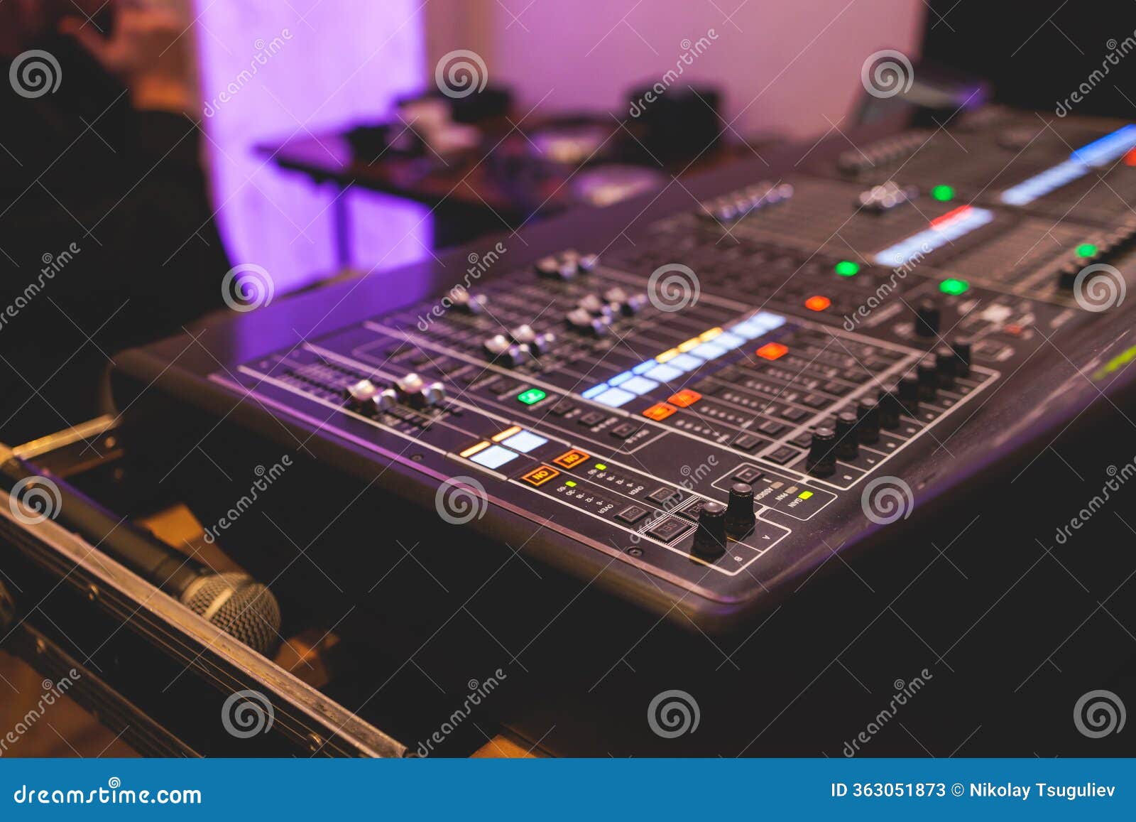 View of Lighting Engineer Operator Working on Mixing Console Workplace ...