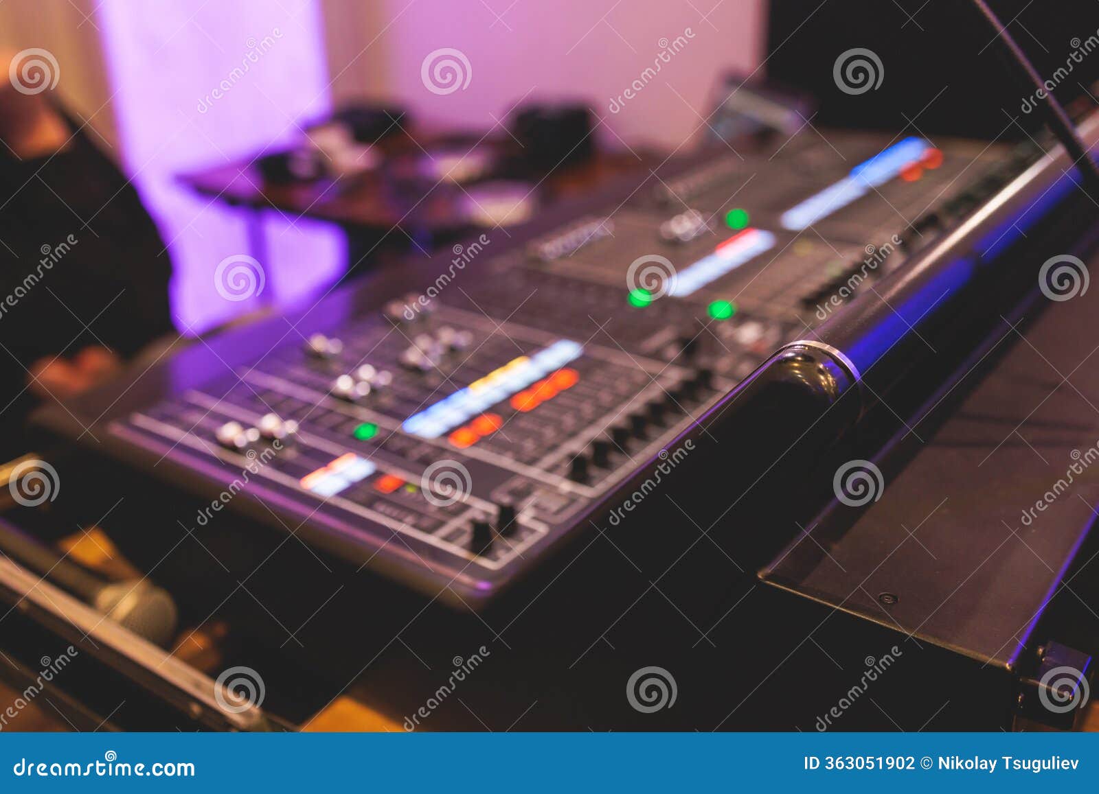 View of Lighting Engineer Operator Working on Mixing Console Workplace ...