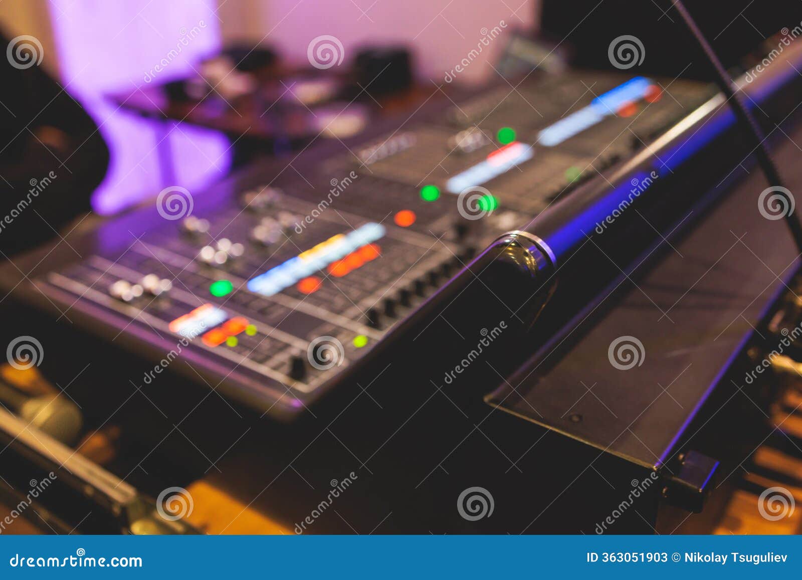 View of Lighting Engineer Operator Working on Mixing Console Workplace ...