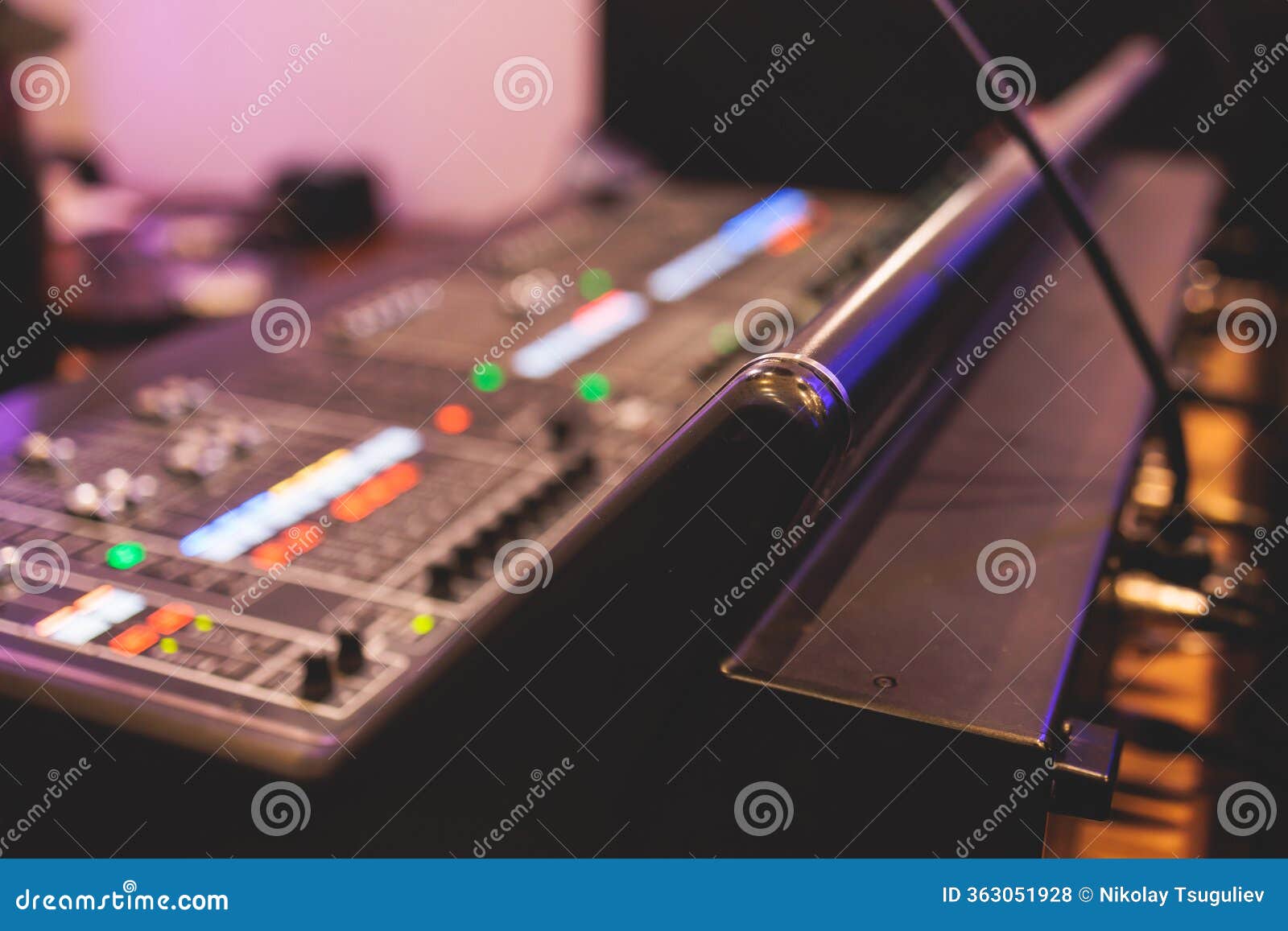 View of Lighting Engineer Operator Working on Mixing Console Workplace ...