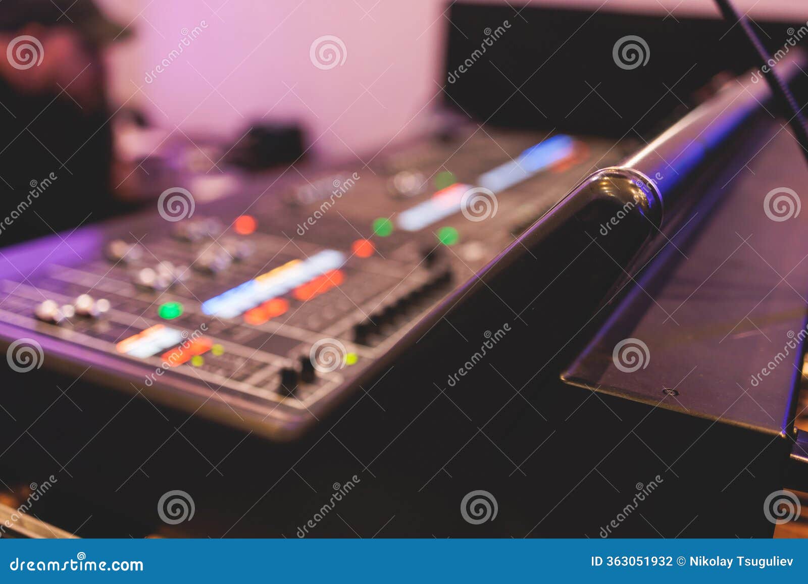 View of Lighting Engineer Operator Working on Mixing Console Workplace ...