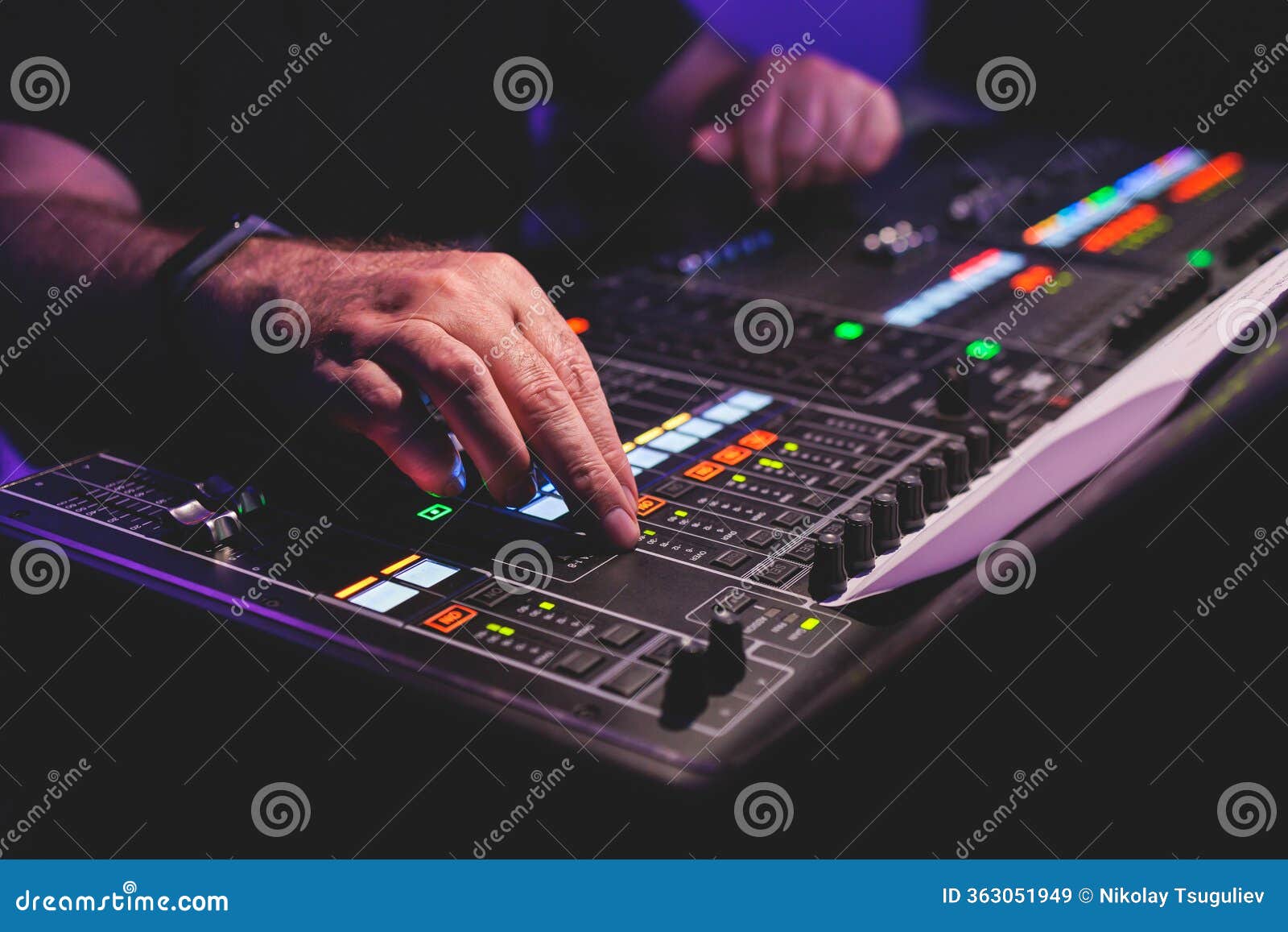 View of Lighting Engineer Operator Working on Mixing Console Workplace ...