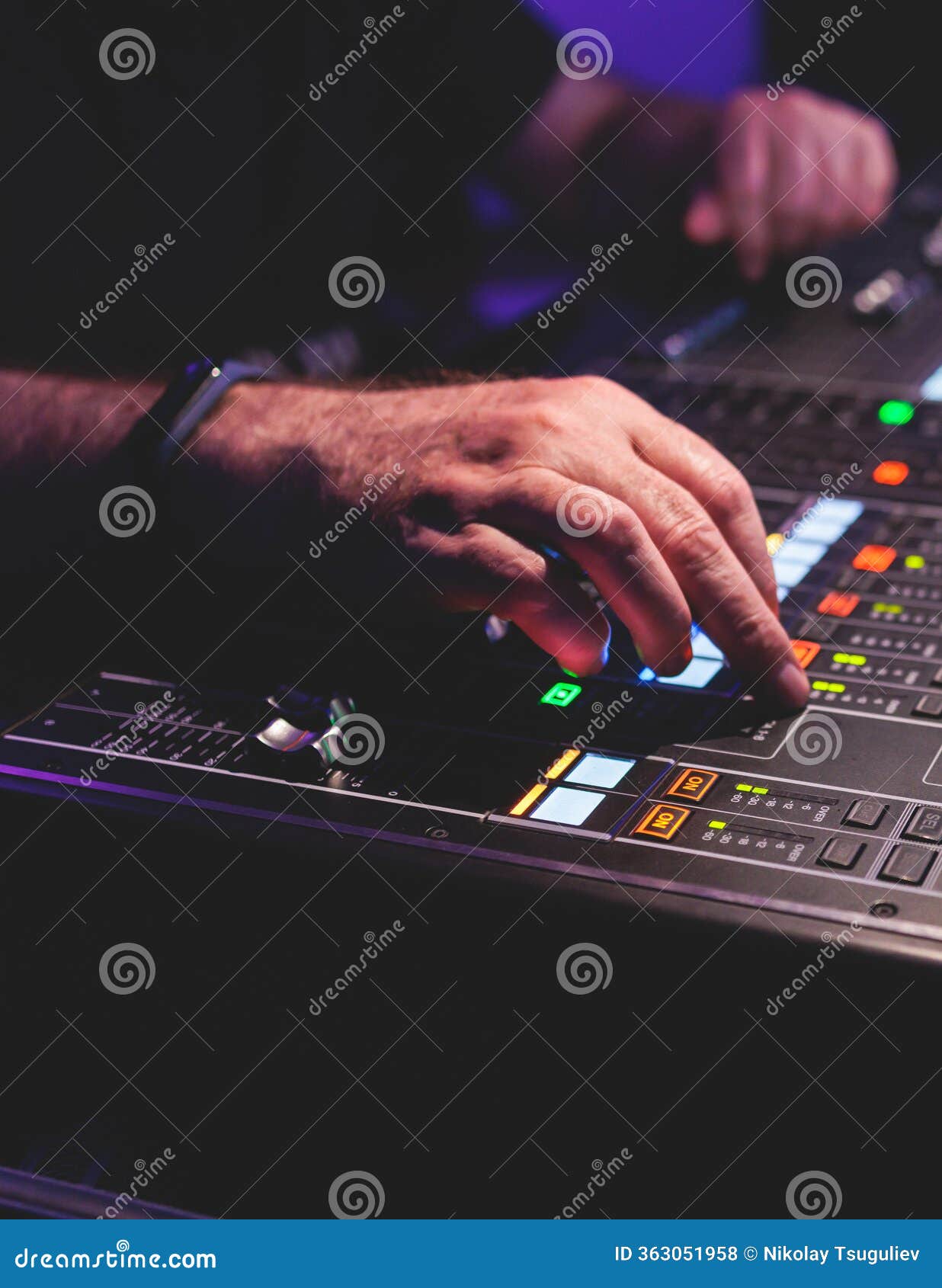 View of Lighting Engineer Operator Working on Mixing Console Workplace ...