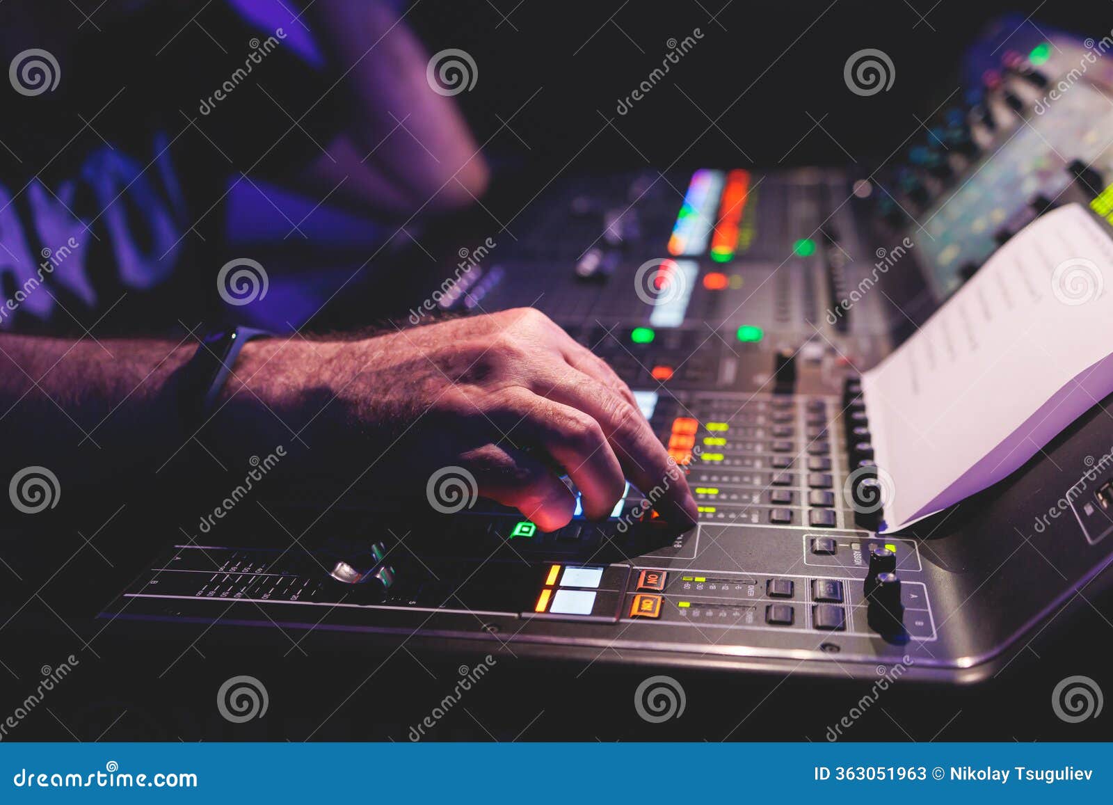 View of Lighting Engineer Operator Working on Mixing Console Workplace ...