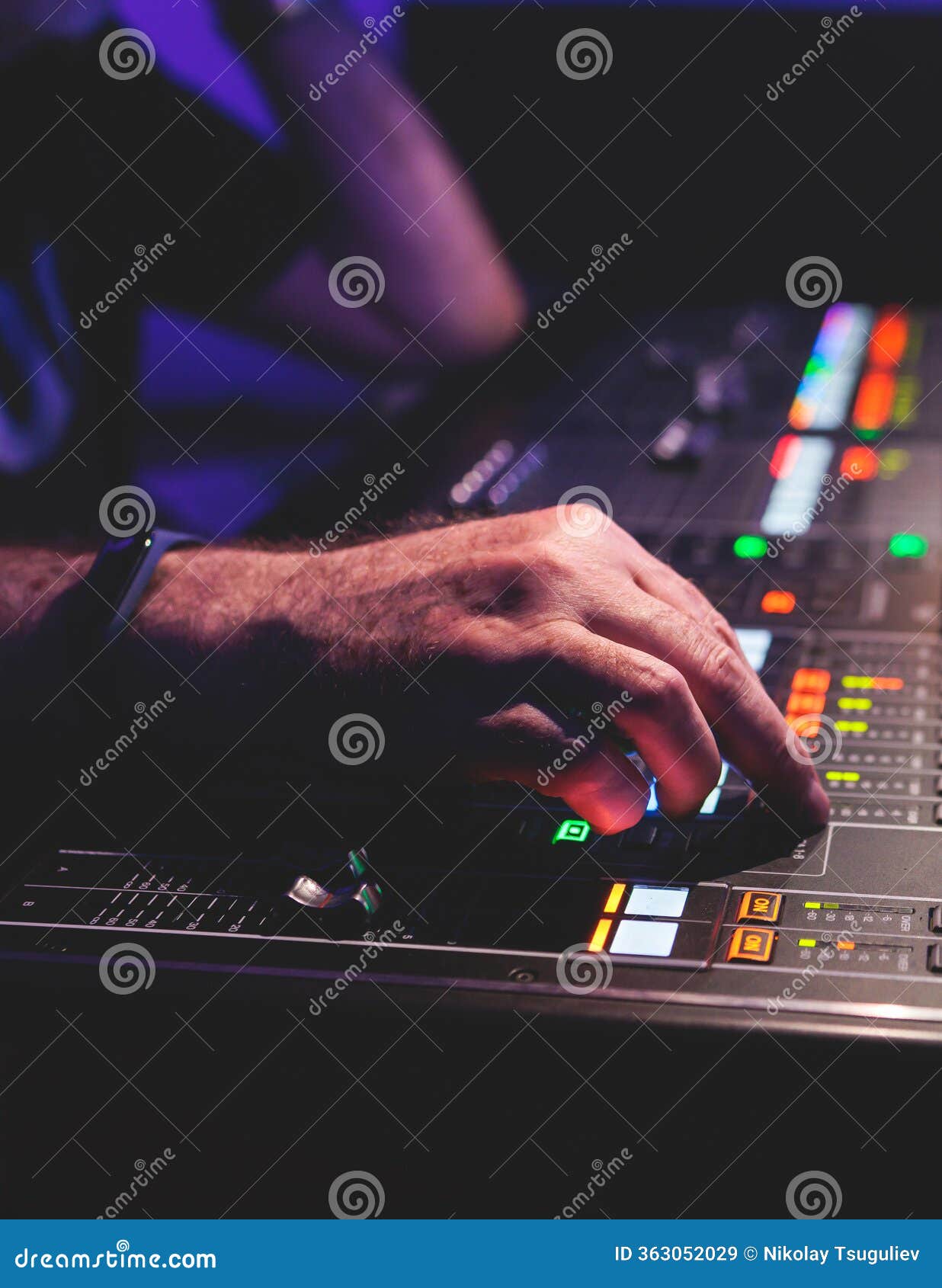 View of Lighting Engineer Operator Working on Mixing Console Workplace ...