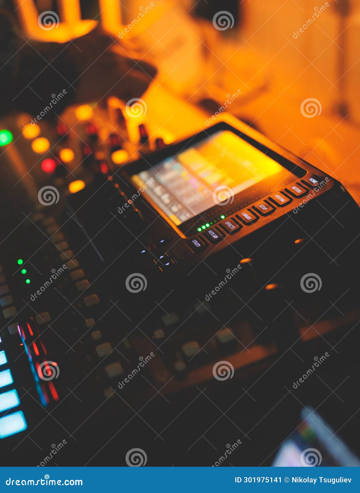 View of Lighting Technician Operator Working on Mixing Console ...