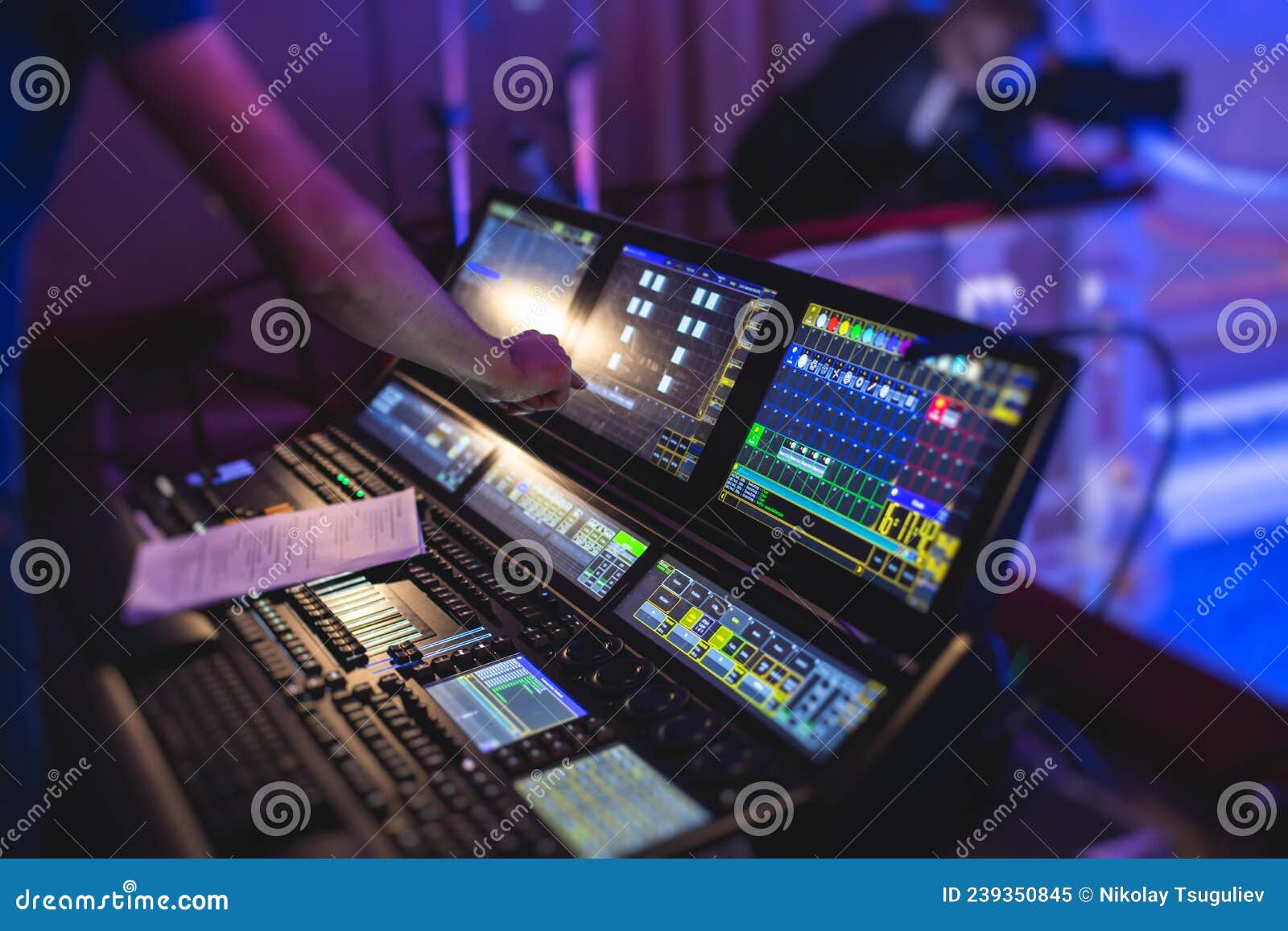 View of Lighting Technician Operator Working on Mixing Console ...