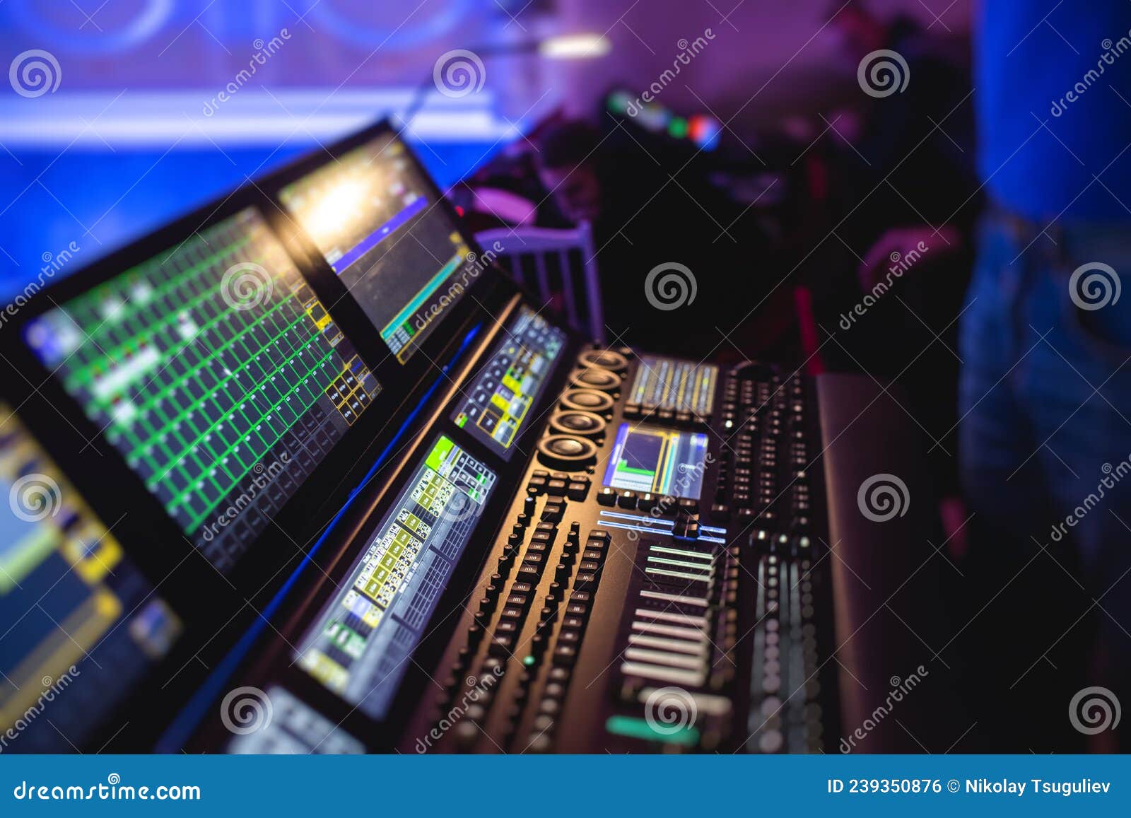 View of Lighting Technician Operator Working on Mixing Console ...