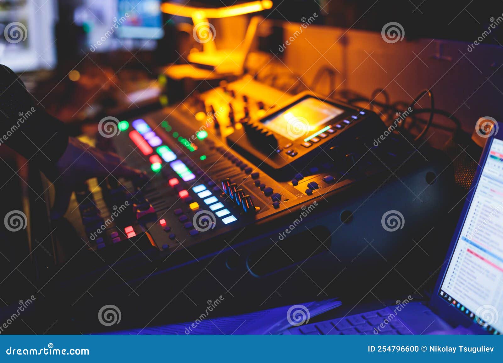 View of Lighting Technician Operator Working on Mixing Console ...