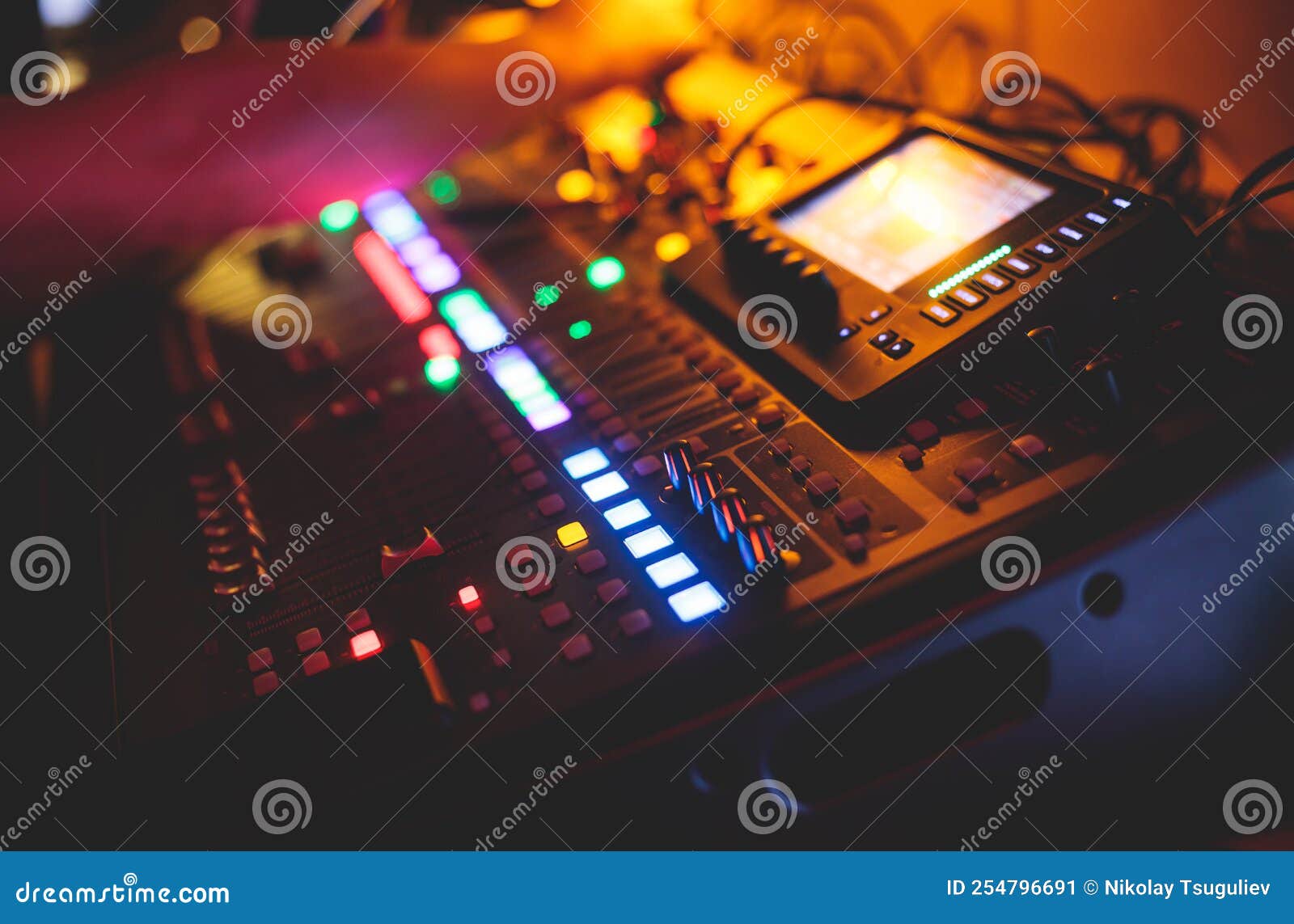 View of Lighting Technician Operator Working on Mixing Console ...
