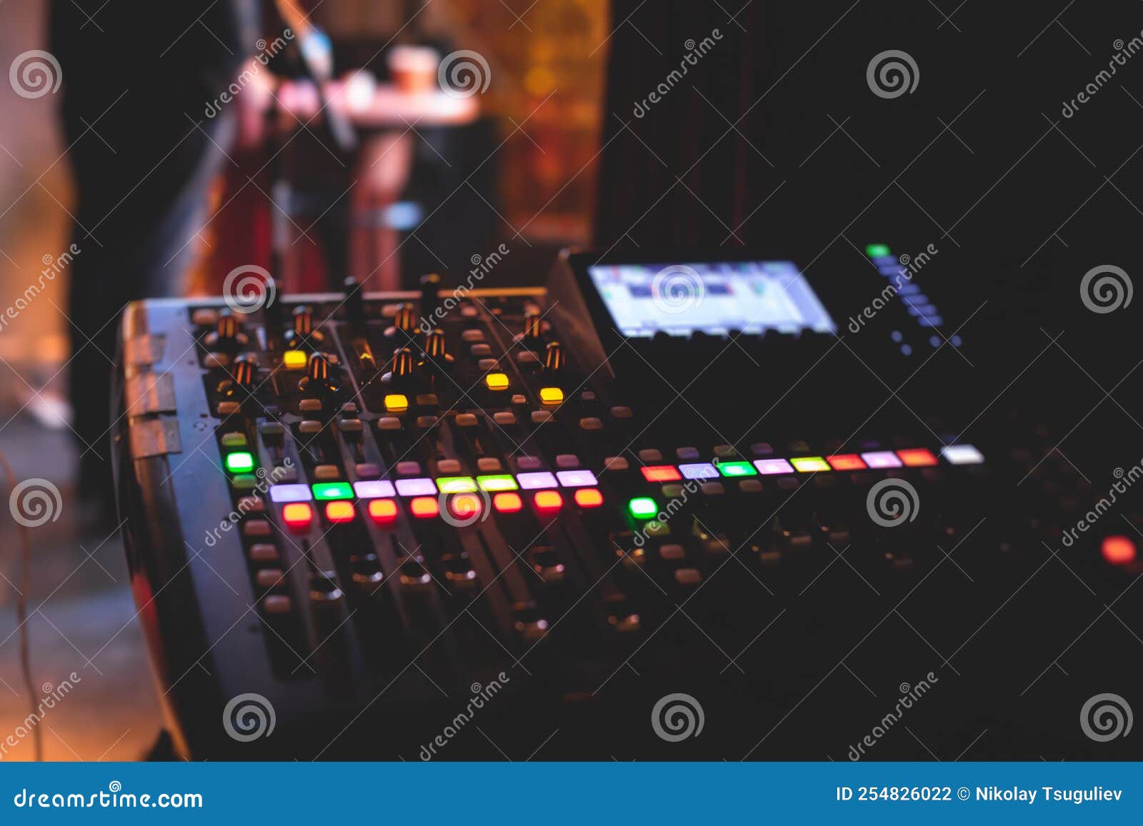 View of Lighting Technician Operator Working on Mixing Console ...