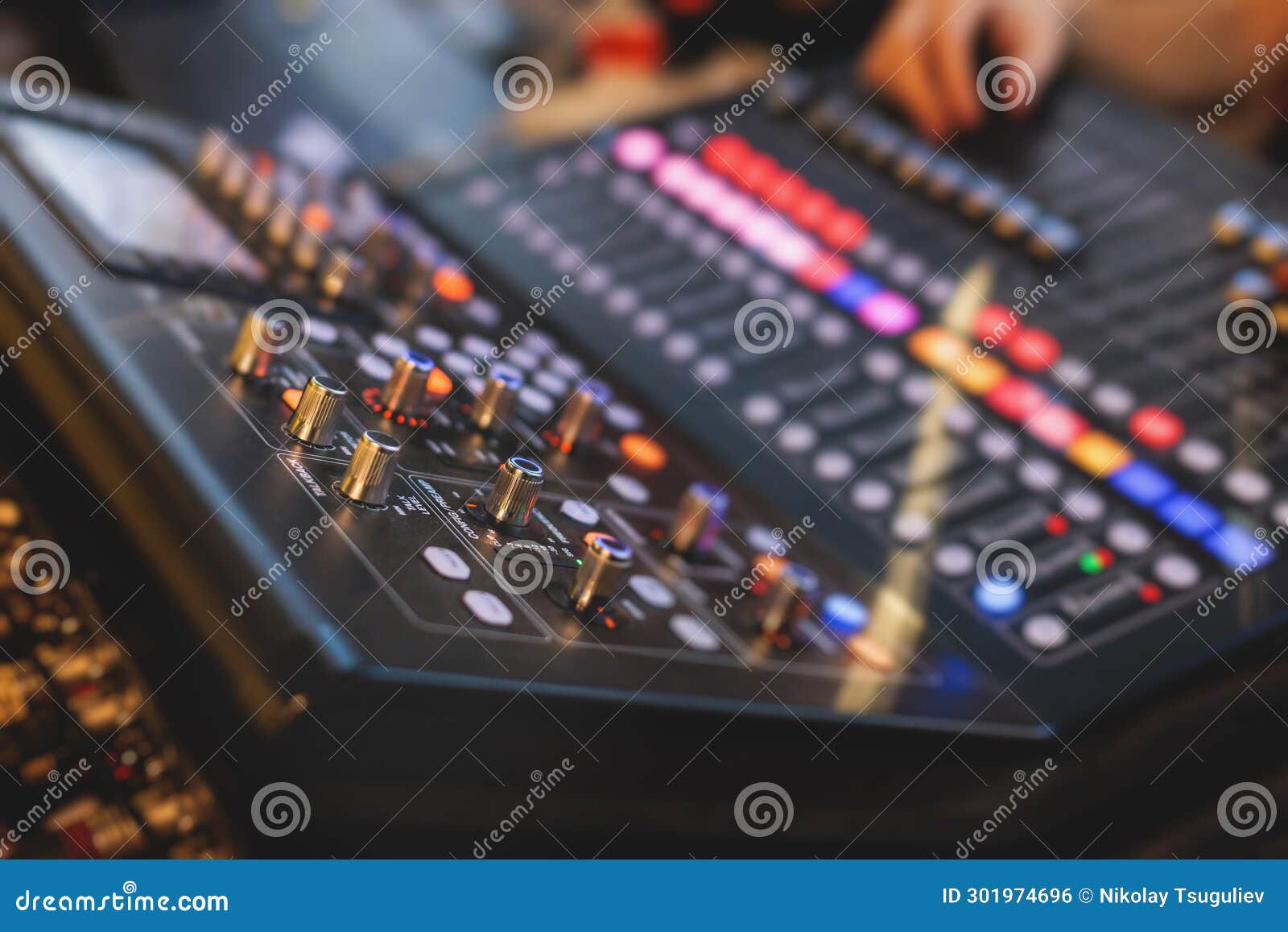 View of Lighting Technician Operator Working on Mixing Console ...