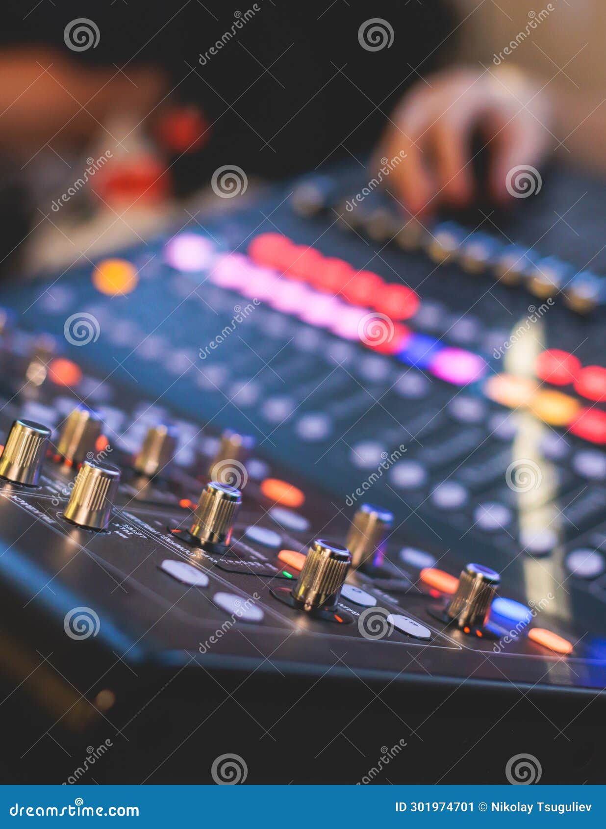 View of Lighting Technician Operator Working on Mixing Console ...