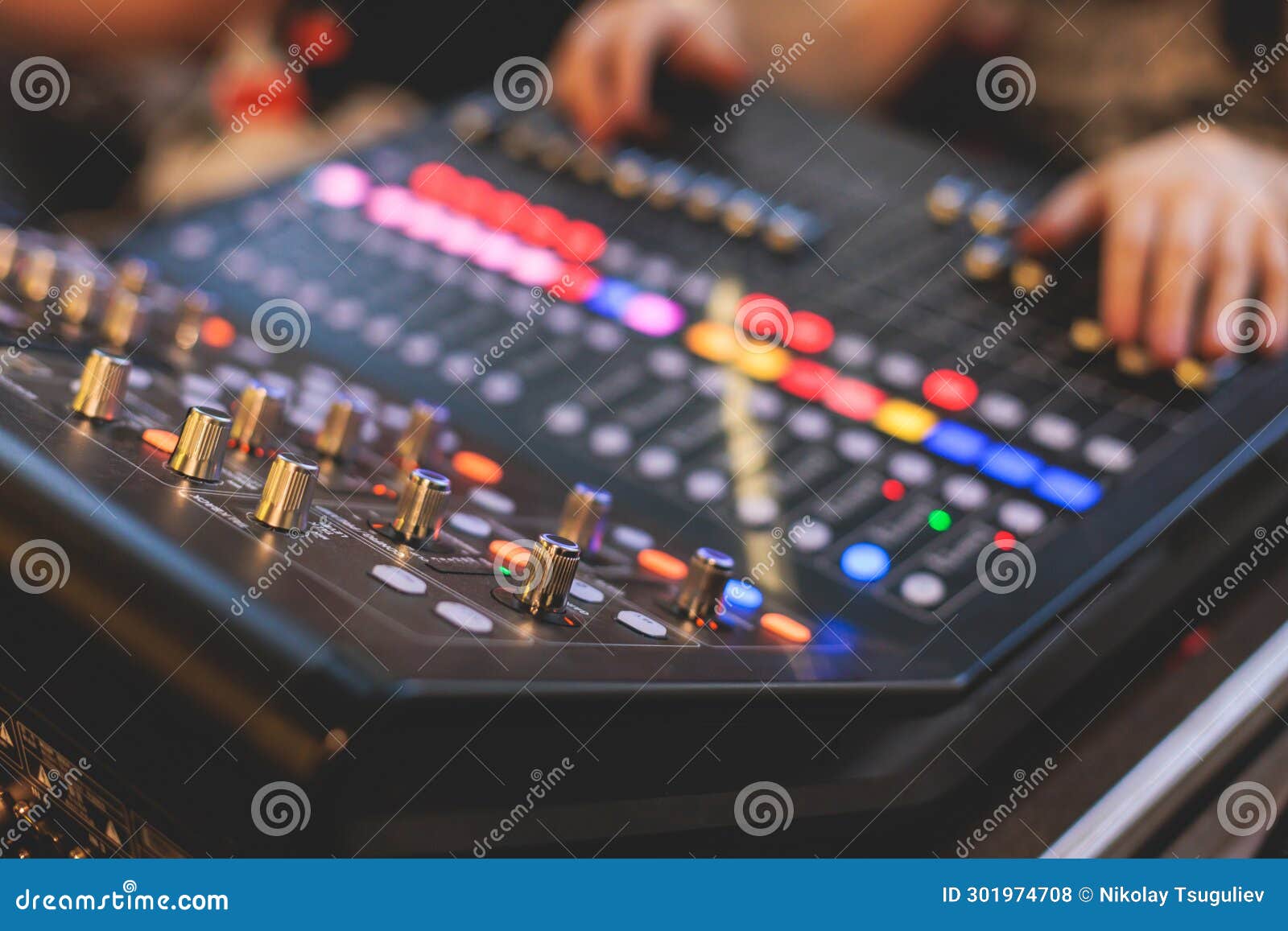 View of Lighting Technician Operator Working on Mixing Console ...