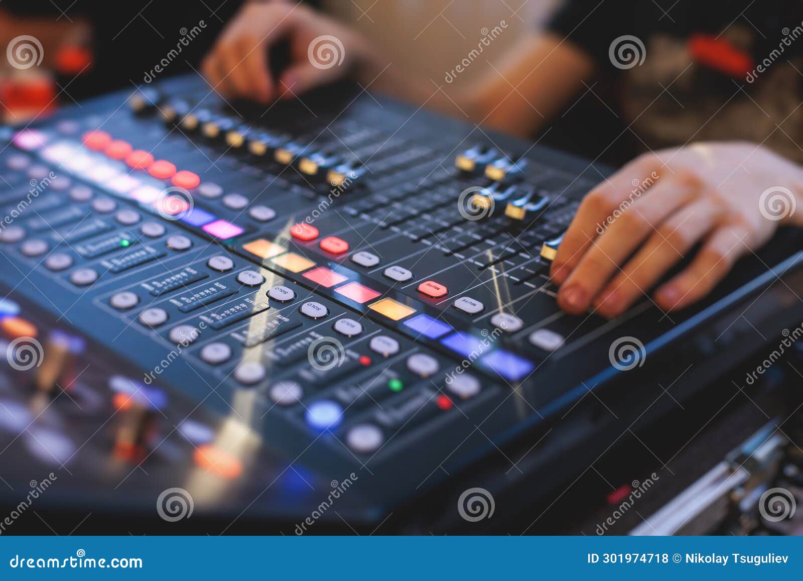 View of Lighting Technician Operator Working on Mixing Console ...
