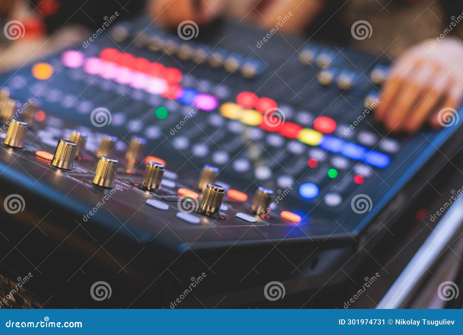 View of Lighting Technician Operator Working on Mixing Console ...