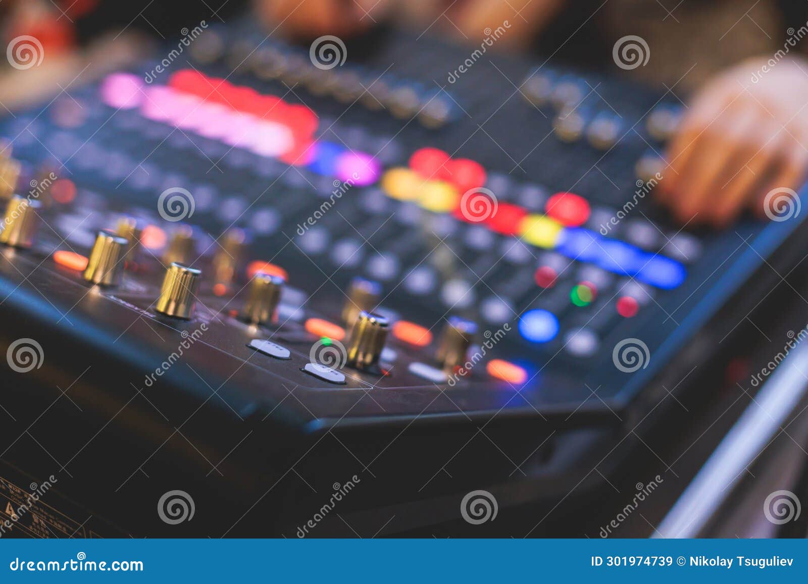 View of Lighting Technician Operator Working on Mixing Console ...