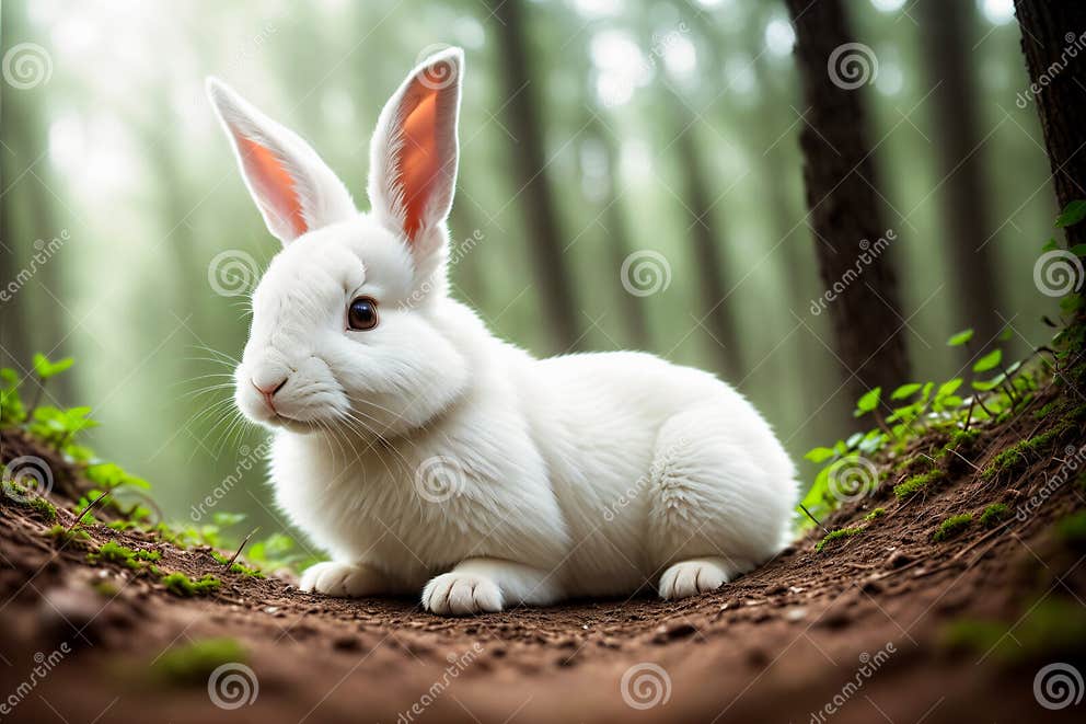 View of a Little Cute White Rabbit in the Spring Forest, Close-up with ...