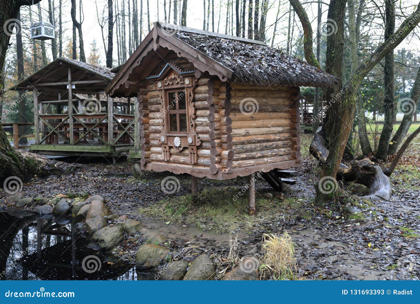 View of Log Cabin Near Pond Stock Image - Image of cabin, house: 131693393