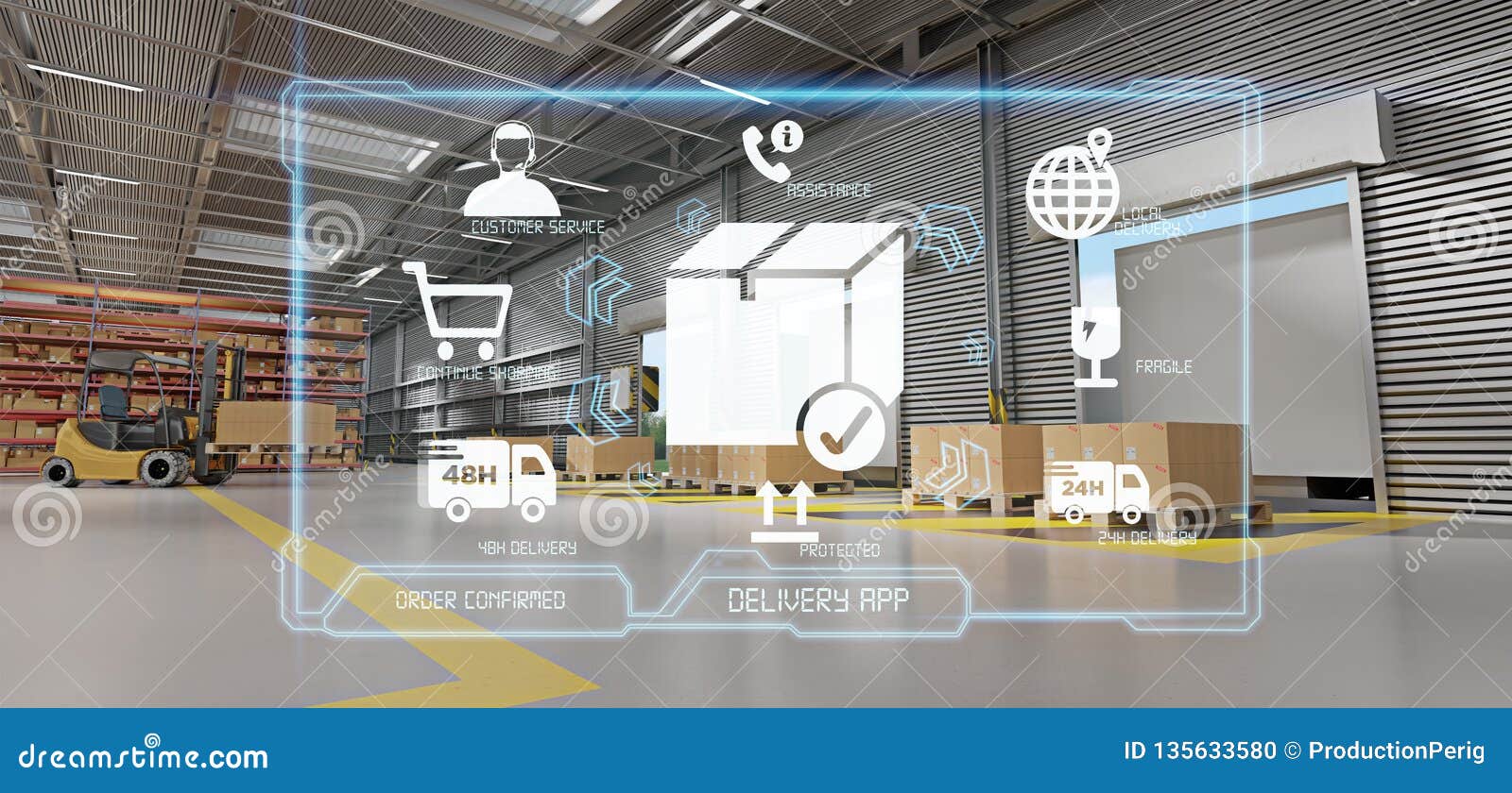 Logistic Delivery Service Application on a Warehouse Background 3d ...