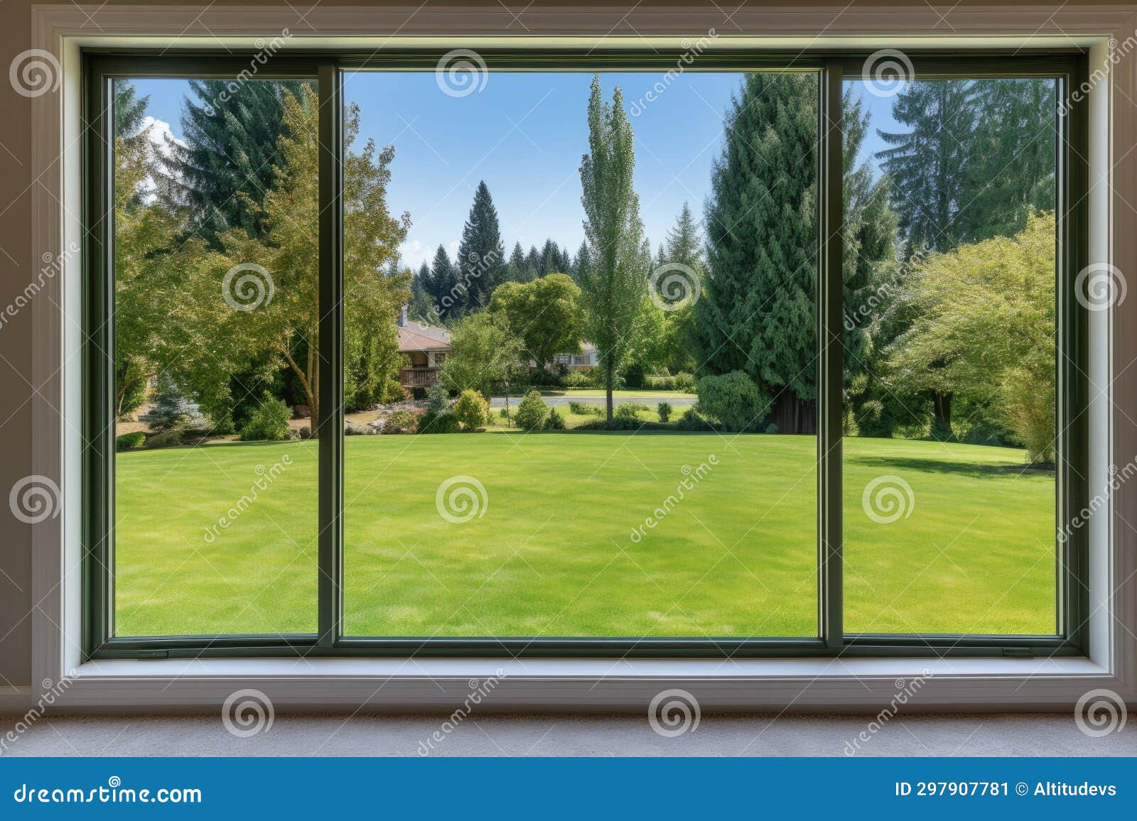 A View of Lush, Green Lawn through a Tall Window Stock Image - Image of ...