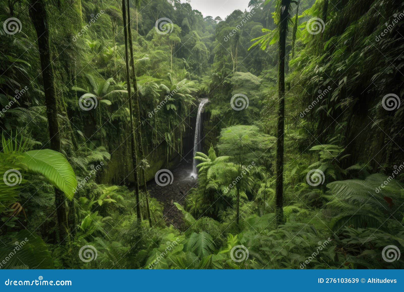 View of Lush Jungle, with Waterfall Visible in the Distance Stock Image ...