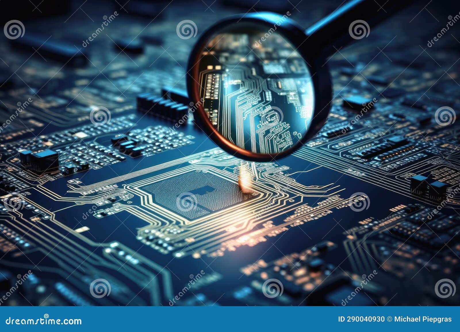 View with a Magnifying Glass on a Modern Circuit Board Stock ...