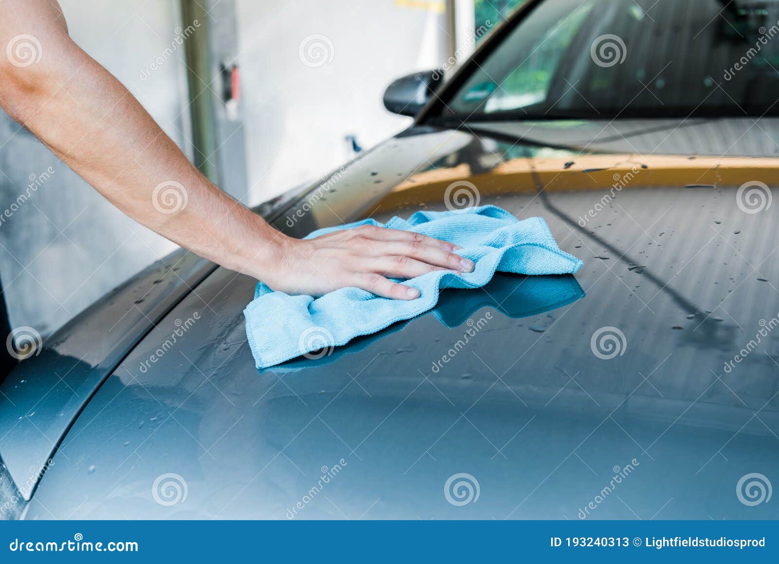 View of Man Cleaning Wet Car with Blue Rag Stock Image - Image of ...