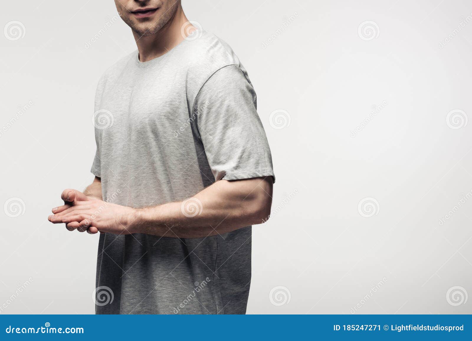 View of Man with Folded Hands Isolated on Grey, Human Emotion and ...