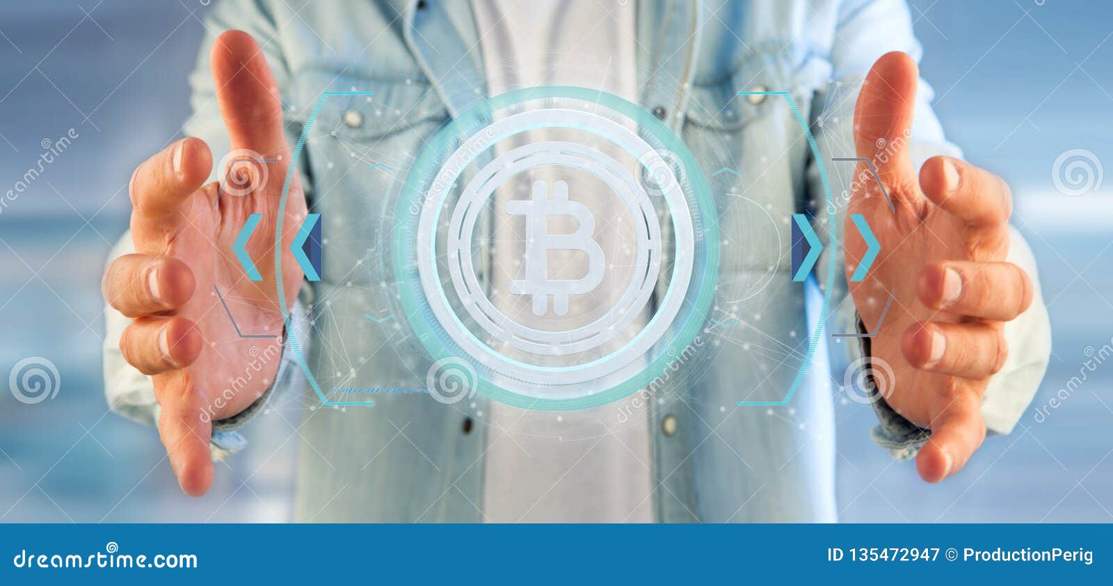 Man Holding a Technology Bitcoin Icon on a Circle 3d Rendering Stock ...