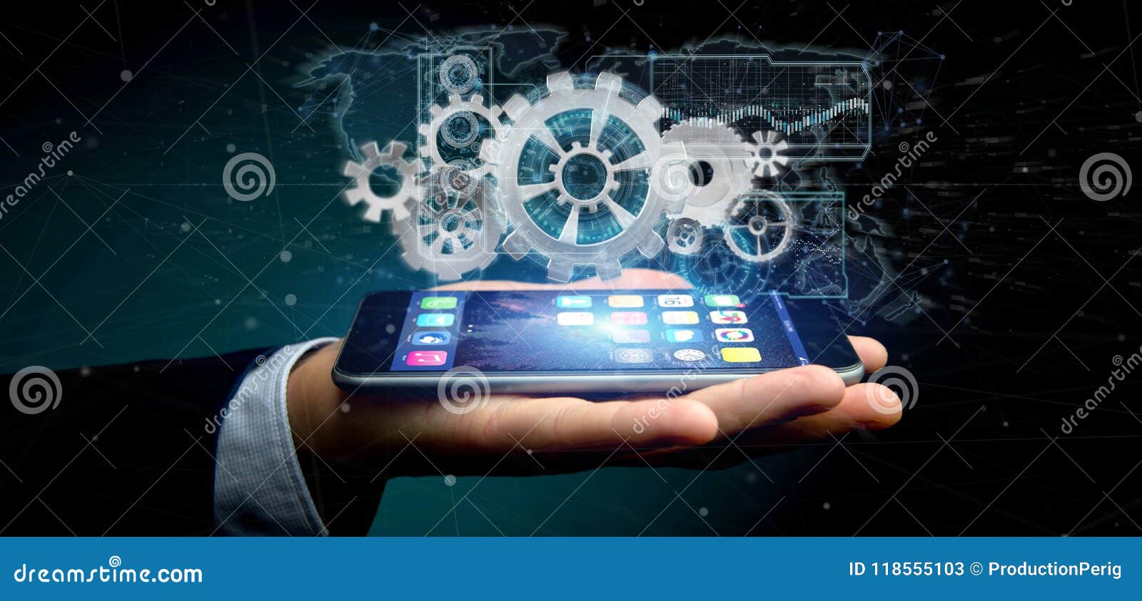 Man Holding a Technology Gear Wheel Interface3d Rendering Stock Image ...