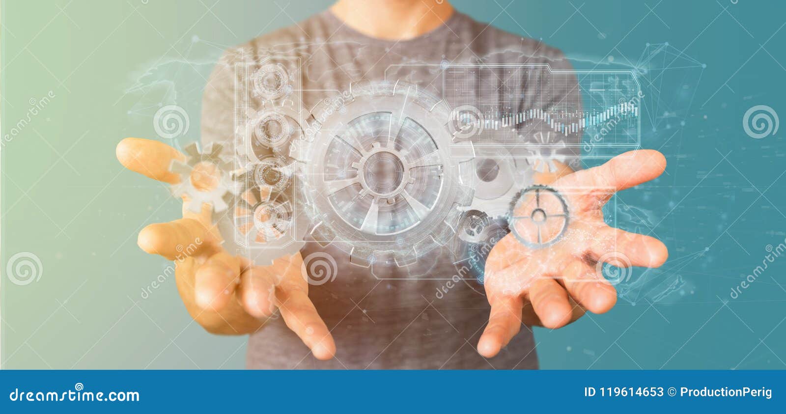 Man Holding a Technology Gear Wheel Interface3d Rendering Stock Image ...
