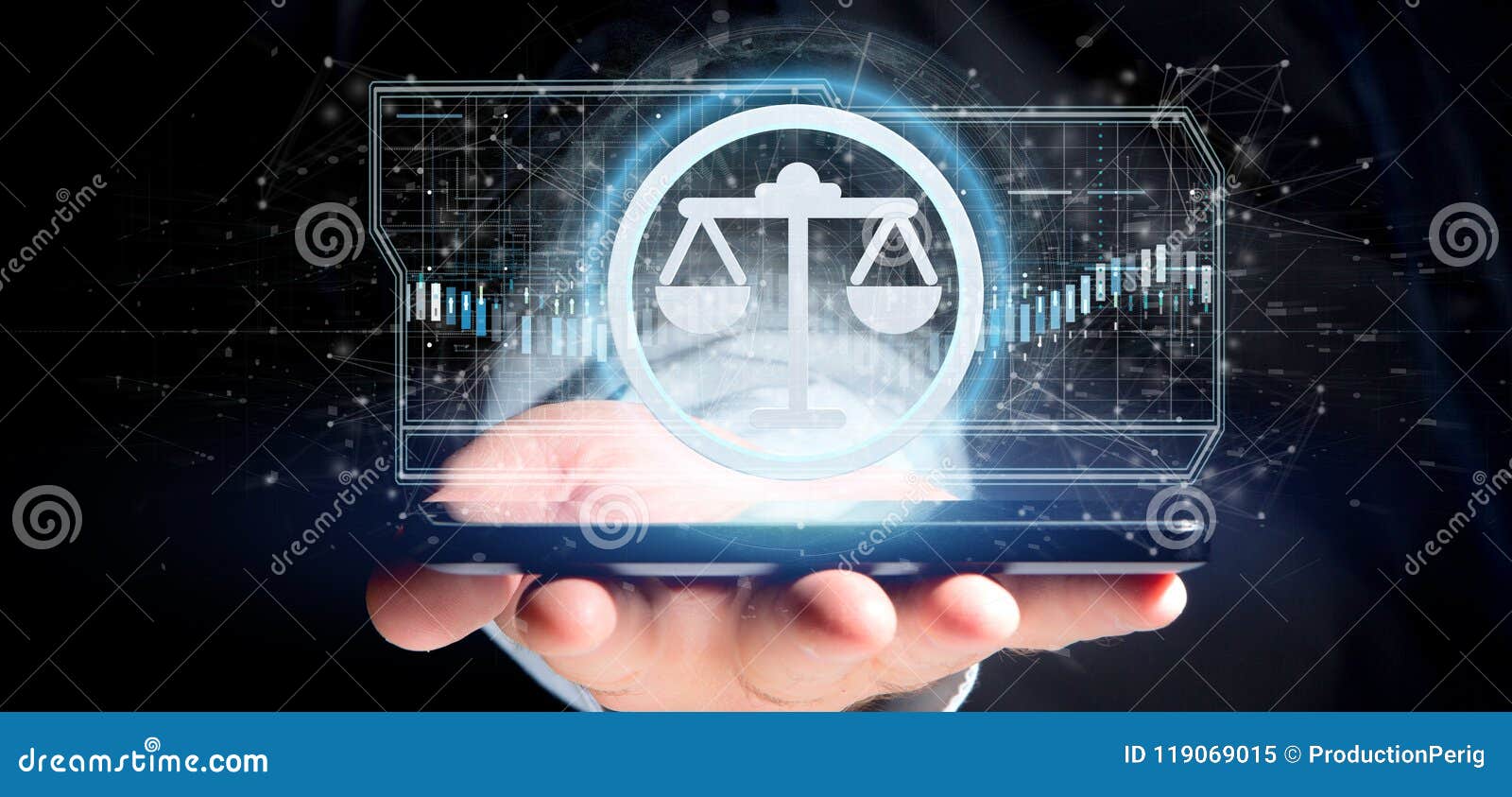 Man Holding a Technology Justice Icon on a Circle 3d Rendering Stock ...