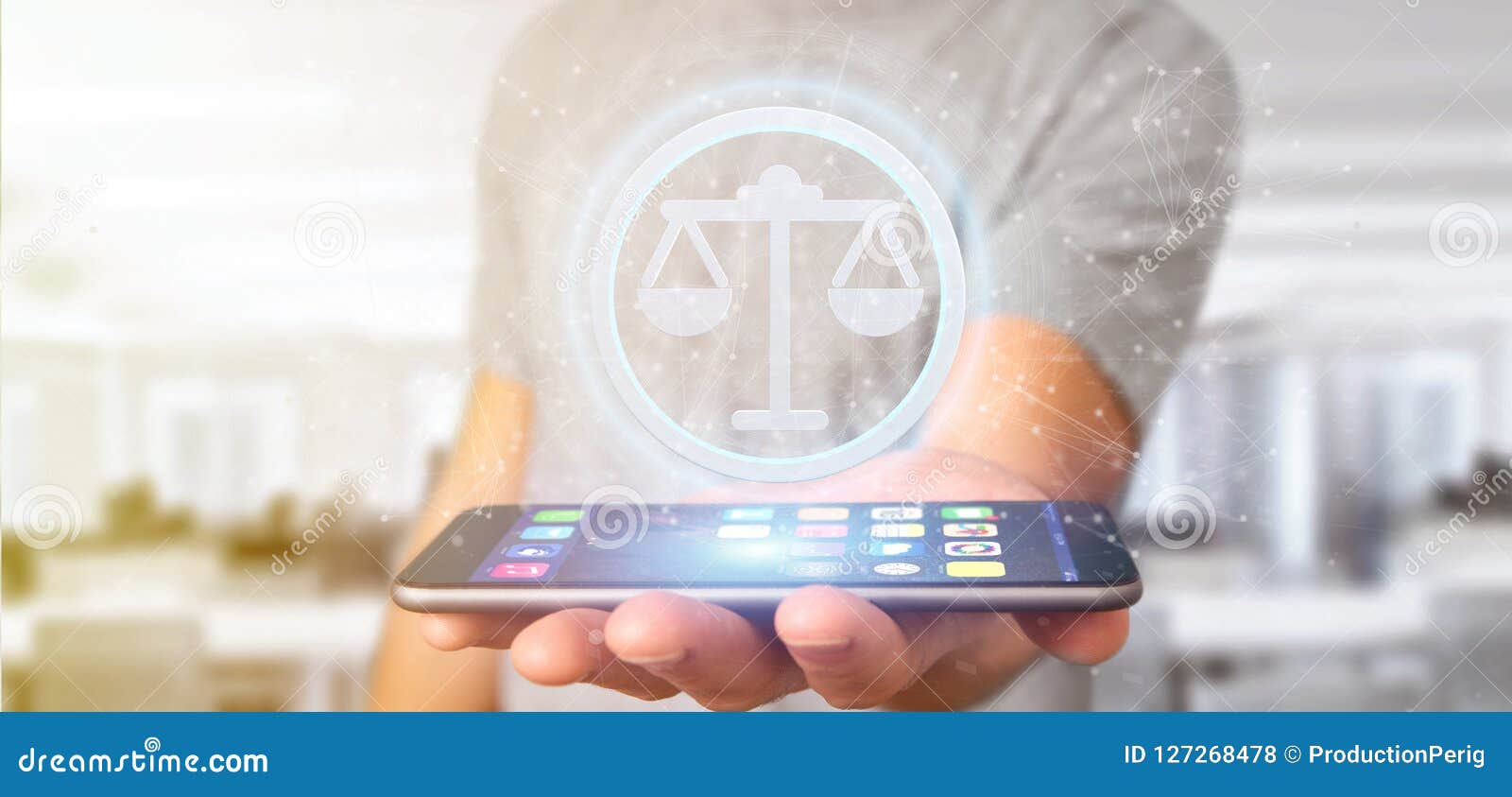 Man Holding a Technology Justice Icon on a Circle 3d Rendering Stock ...