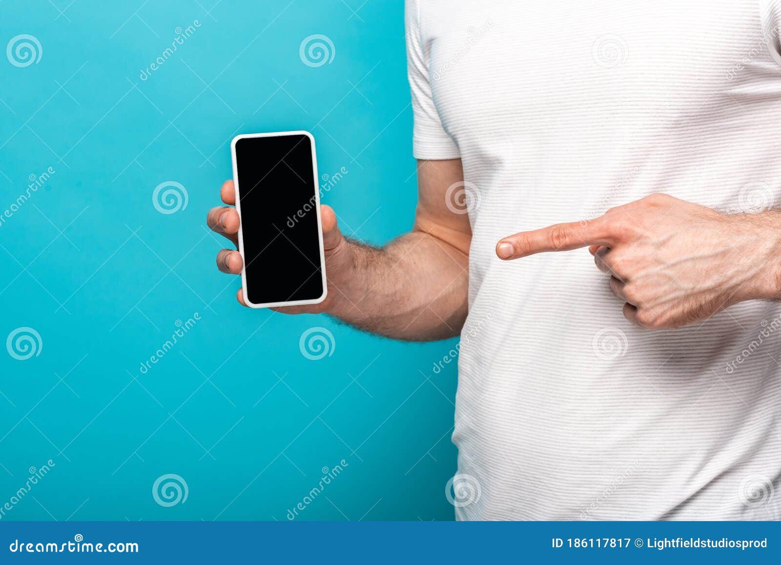 View of Man Pointing with Finger at Smartphone with Blank Screen ...