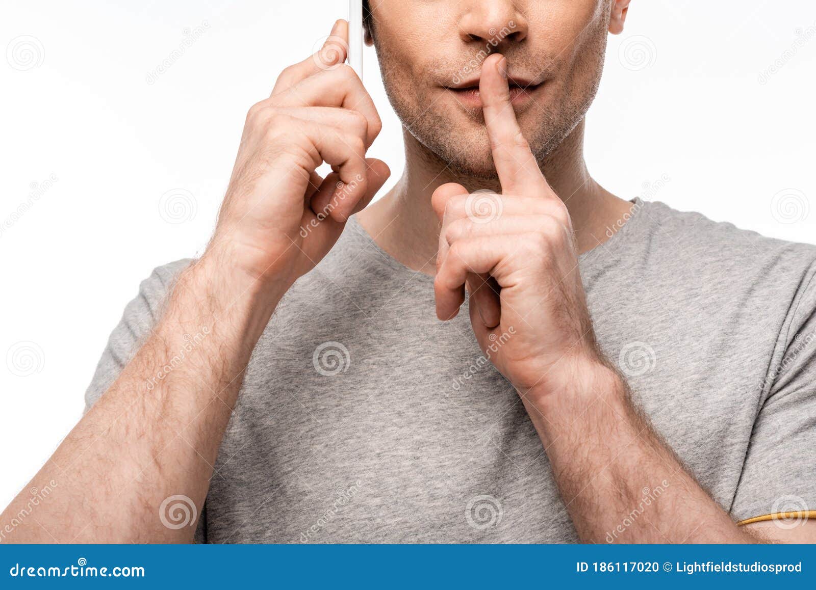 View of Man Showing Silence Gesture while Using Smartphone Isolated on ...