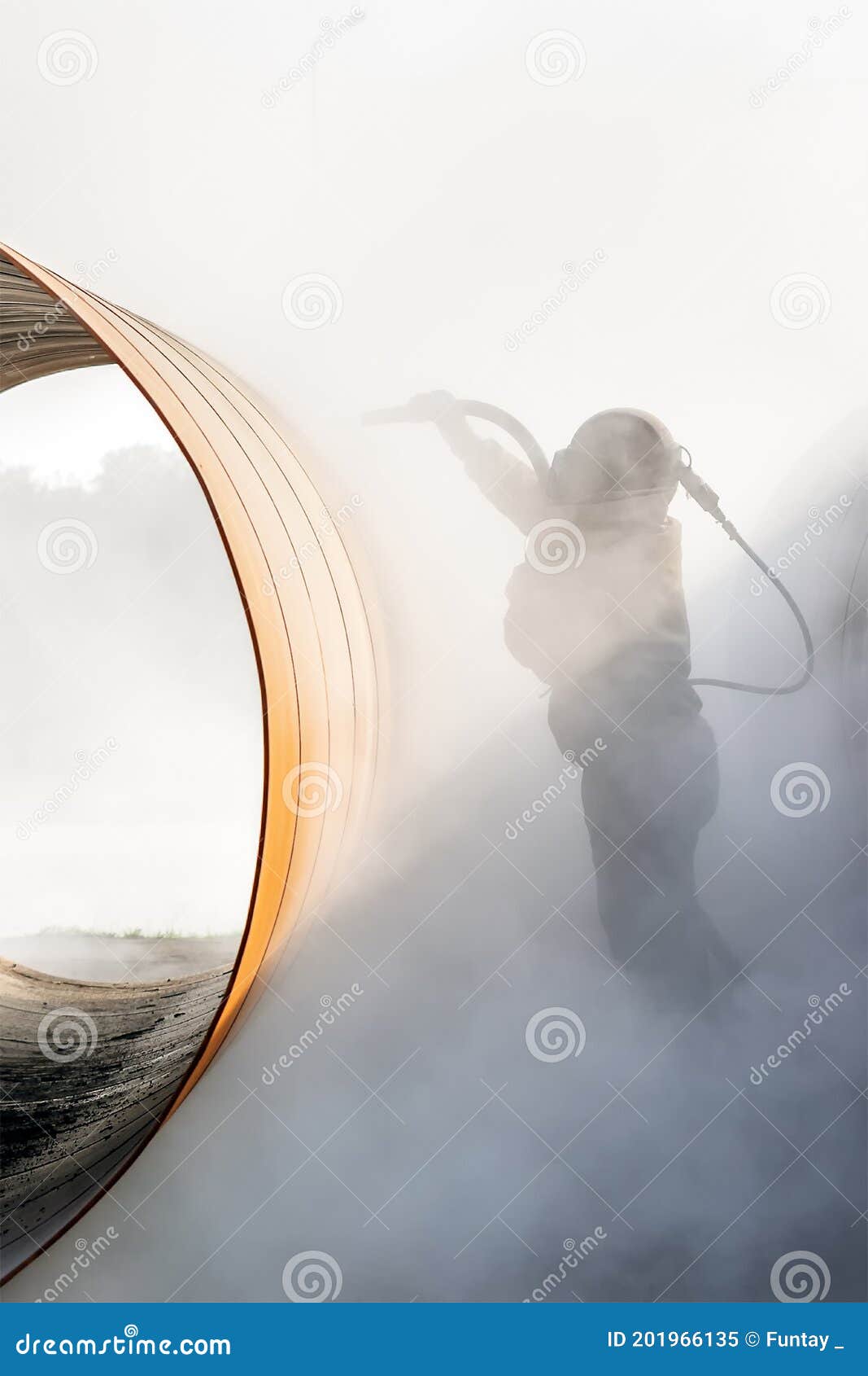 View of the Manuel Sandblasting To the Large Pipe. Abrasive Blasting ...