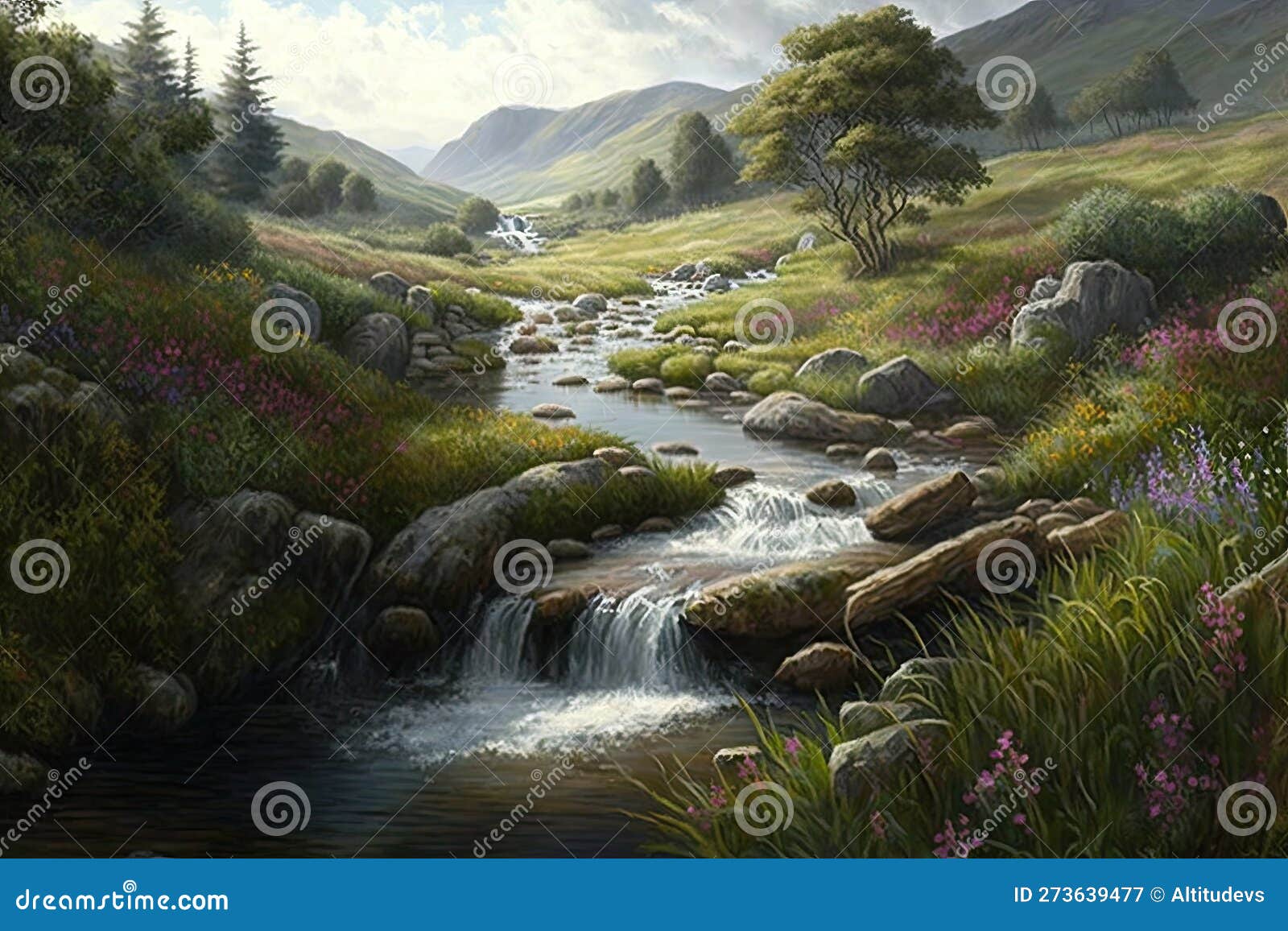 View of Meadow with Stream and Waterfall, Surrounded by Lush Greenery ...