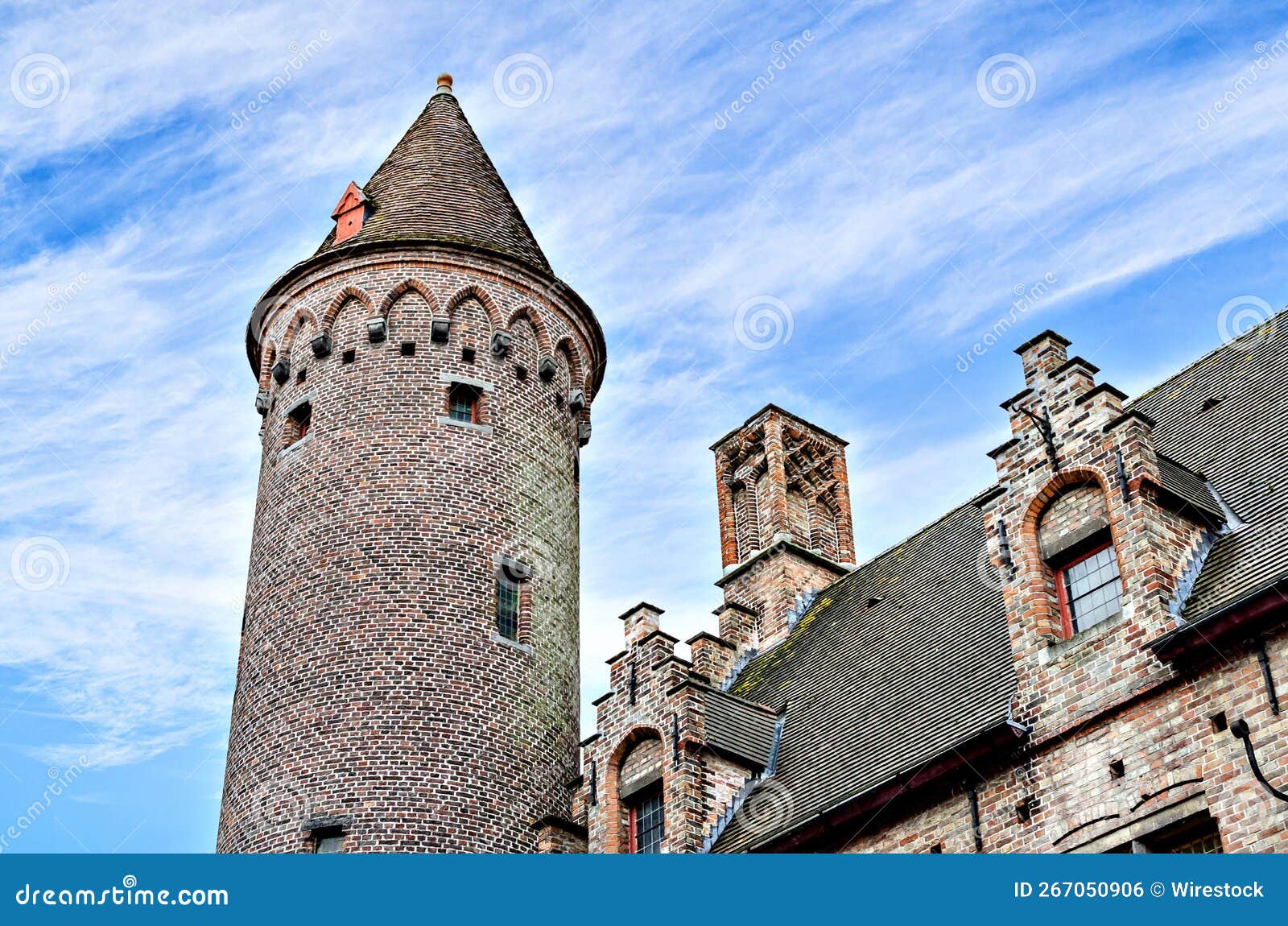 View of the Medieval Brickwork Tower Under the Clouds of Blue Sky in ...