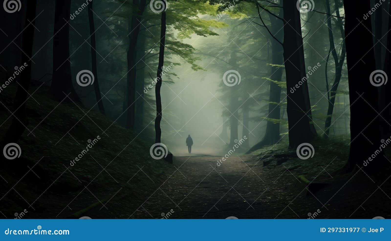 View of a Misty Forest Path with a Lonely Person Walking between the ...