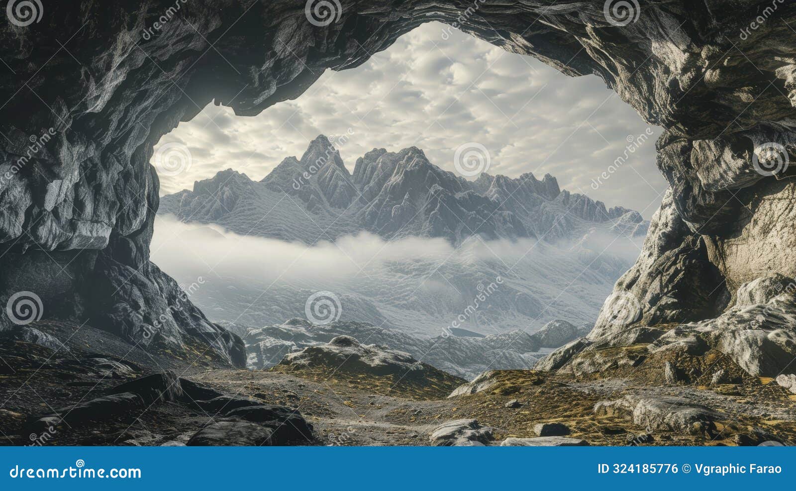 View of Misty Mountains from a Cave, with Dramatic Rocky Landscape ...